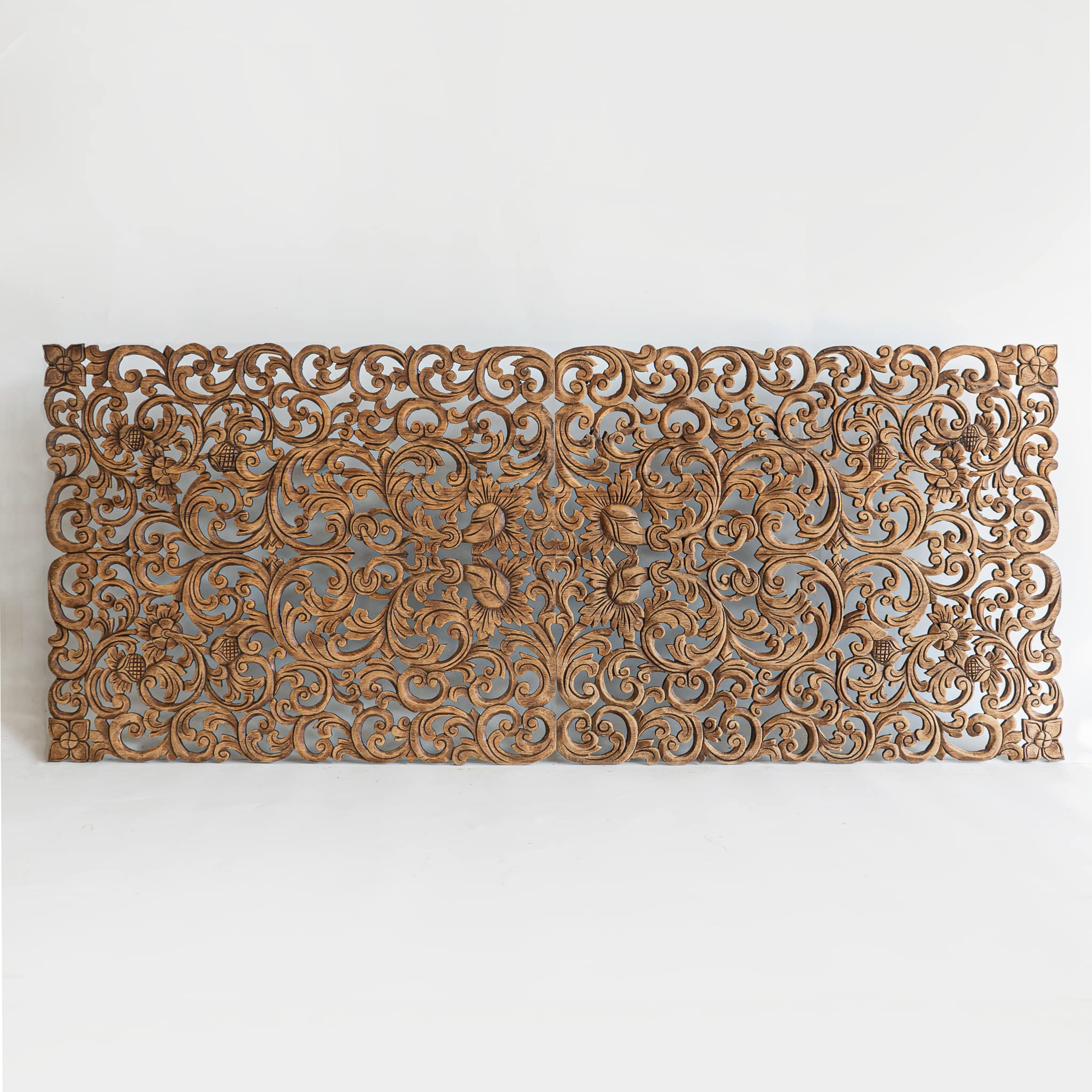 Low California King Size Headboard, Rectangular Floral Carve Panels, Asia Teak Bedroom Furniture, Weathered Brown Stain, 72x30 inches