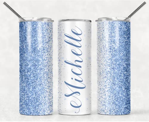 Personalized Insulated 20oz Tumbler | Stainless Steel Insulated Cup | Travel Cup | Double Wall Coffee Cup for Hot and Cold Drinks | Light Sky Blue Glitter Effect with Name