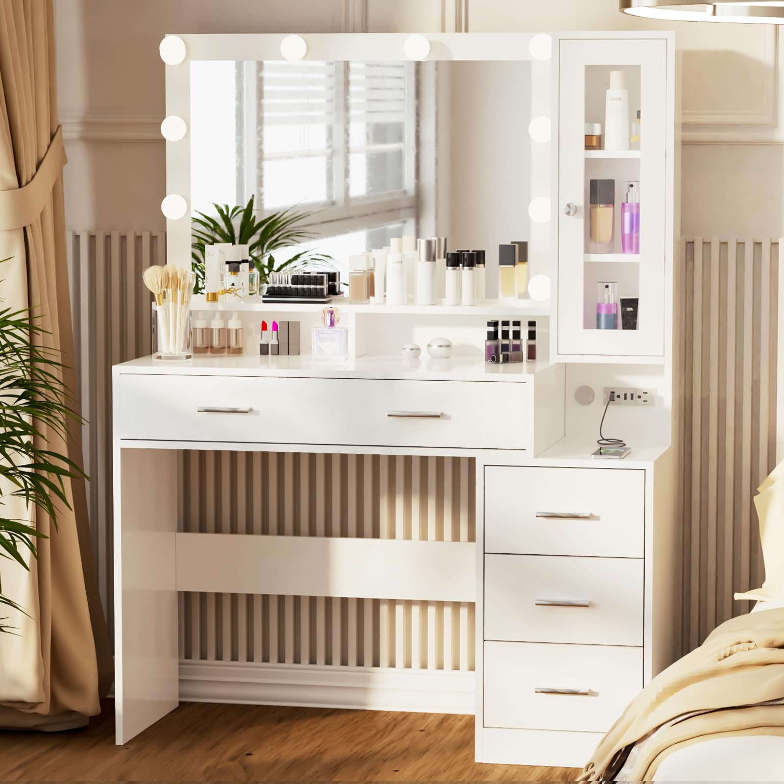 Likein Makeup Vanity with Charging Station, Makeup Vanity Desk with Mirror and Lights, Dressing Table with Nightstand Drawers & Cabinet for Women Girls Bedroom