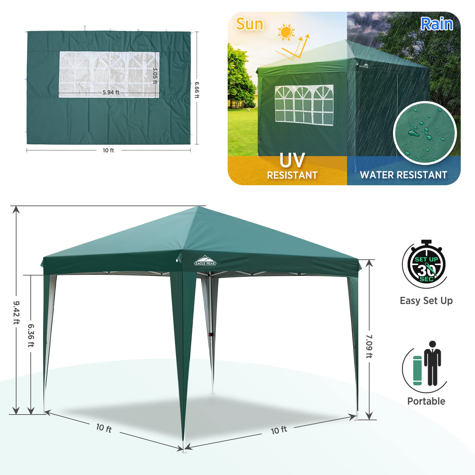 EAGLE PEAK 10x10 Pop Up Canopy Tent with 4 Side Walls, Easy Set up Shelter with 100 Square Feet of Shade, Green