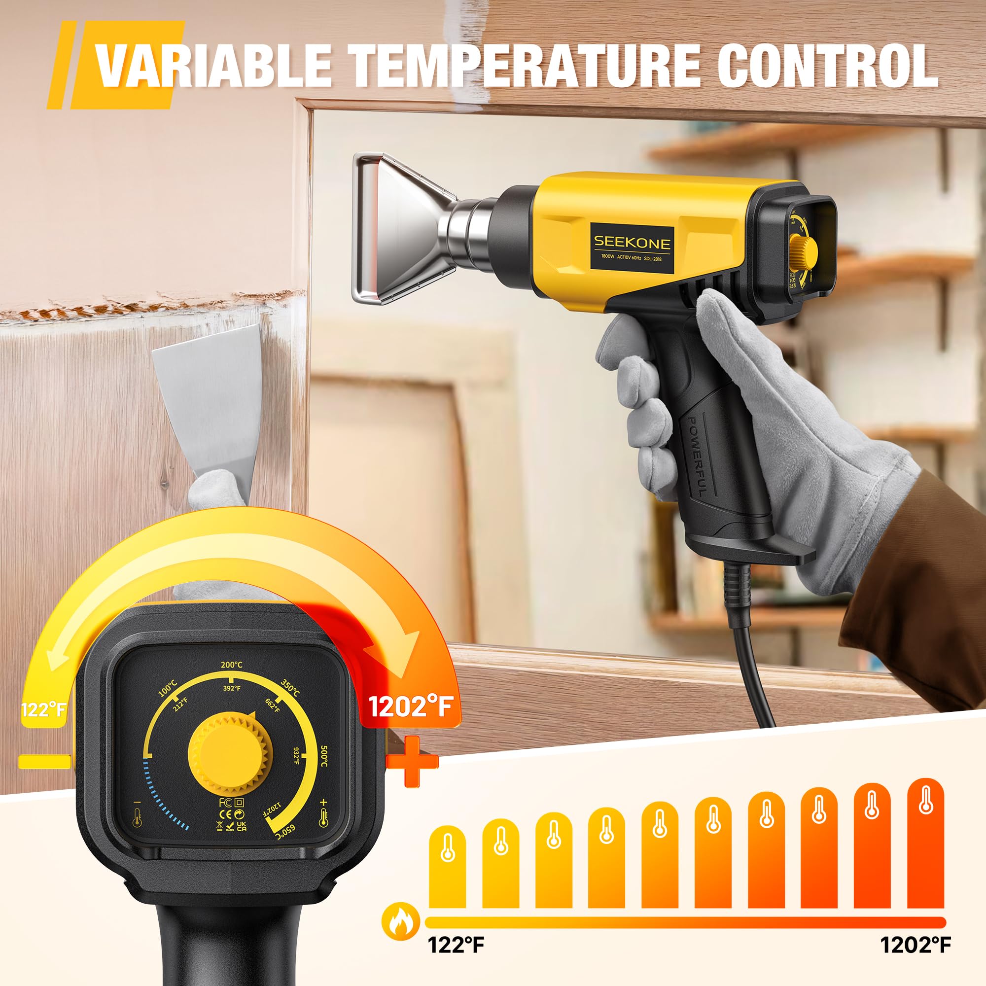 SEEKONE 1800W Heat Gun Compact Design Heavy Duty Hot Air Gun 122℉~1202℉(50℃- 650℃)Variable Temperature Control for 2 Speed Settings with 4 Nozzels for Crafts, Vinyl Wrap, Shrink Tubing