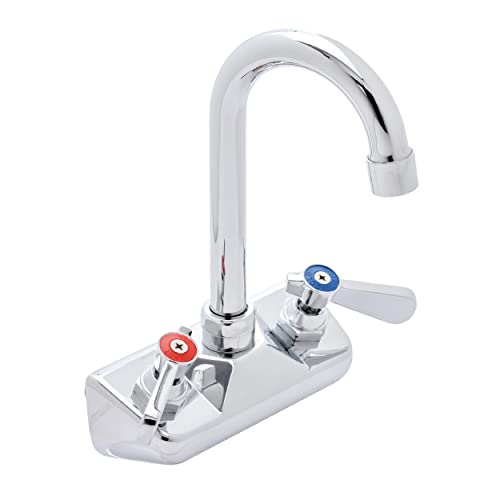 Kitchen Sink No Lead Faucet - DuraSteel 4" Center Wall Mounted Commercial Kitchen Sink Faucet with 3-1/2" Gooseneck Spout - NSF Certified - Dual Lever Handles - Brass Constructed & Chrome Polished