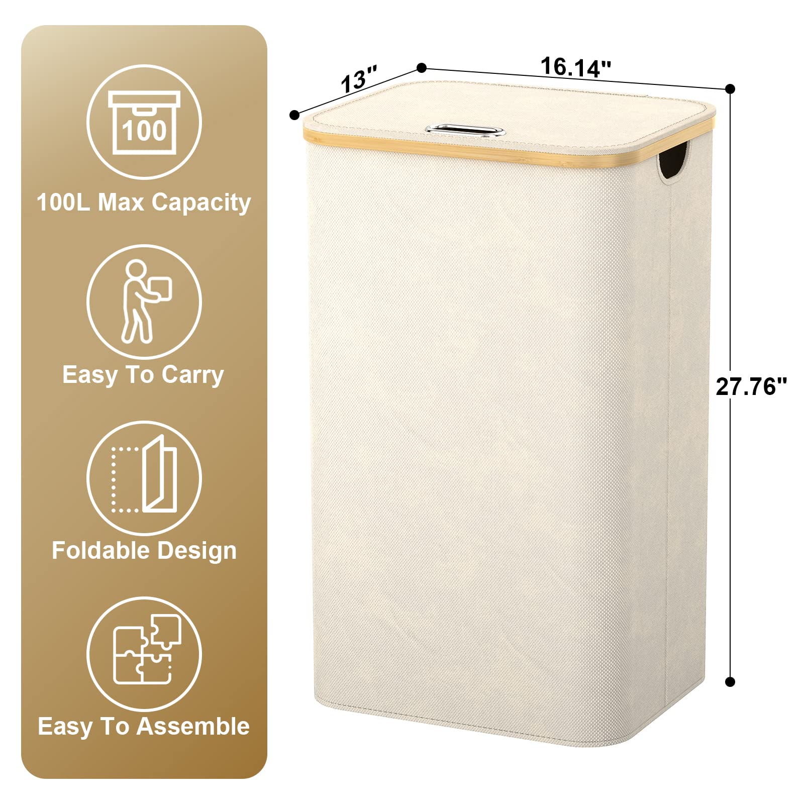 Homykic Laundry Hamper with Lid, 100L Tall Laundry Basket Collapsible with Bamboo Handles, Large Waterproof Laundry Bin Storage for Dorm, Bathroom, Bedroom, Clothing, Clothes, Toys, Cream White