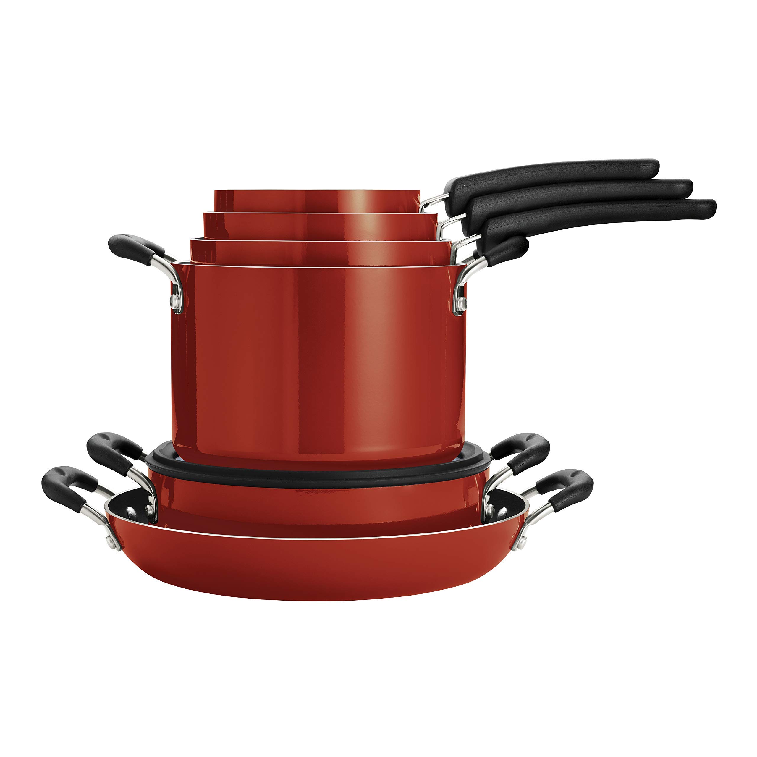 Tramontina Aluminum Non Stick 11-Piece Nesting Pots and Pans Set with Lids - Red, Kitchen Nonstick Cookware Set, Dishwasher and Oven Safe
