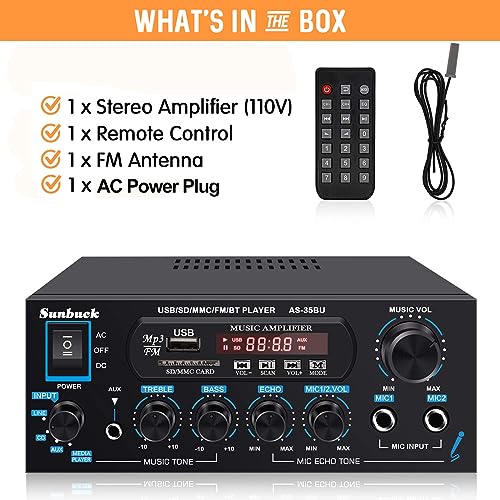 Sunbuck Max 400Wx2 Power Amplifier, 2 Channel Stereo Amplifier, Stereo Receivers with Bluetooth 5.0, Outdoor Speaker Receiver with Remote Control, Hi-Fi Small Amplifier for Speakers, AS-35BU