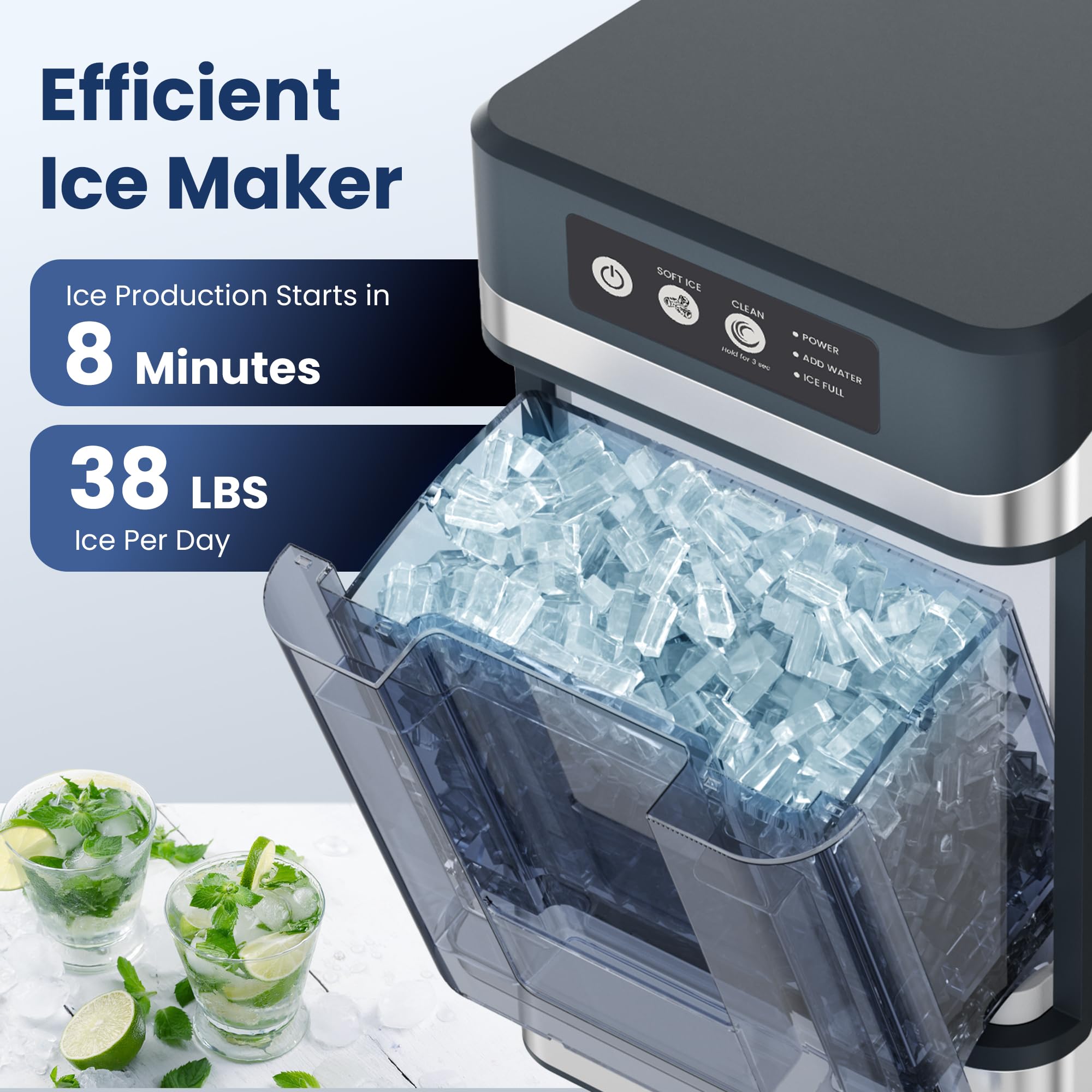 MERITLIFE Pellet Nugget Ice Maker,Countertop Small Ice Machine,Crunchy Chewable Soft Ice,1.3L Water Tank,Auto Cleaning,Fresh Ice for Kitchen,Bars,Office,Parties (M2)