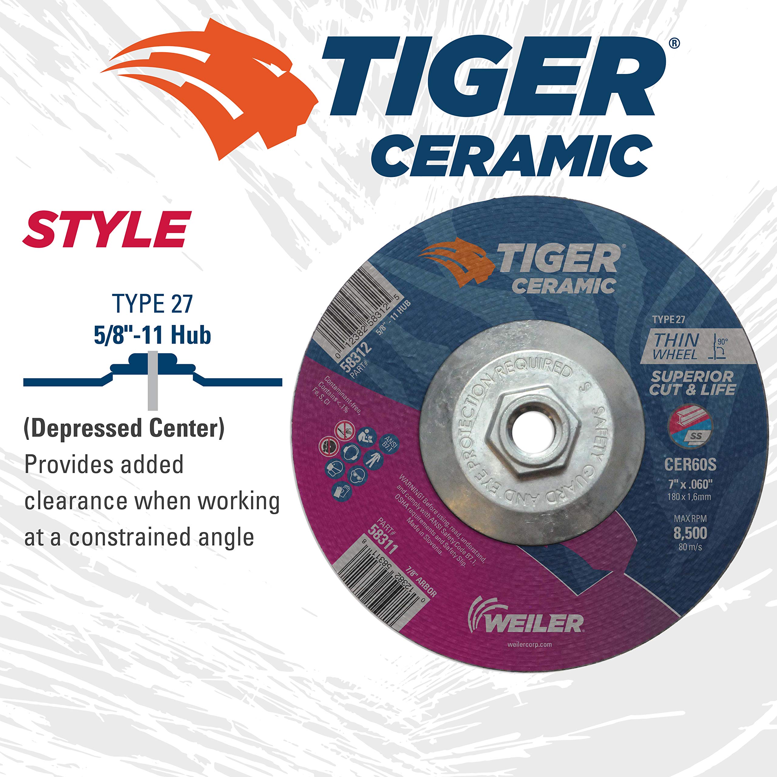 Weiler 58312 7 Inch Cutting Wheel, Tiger Ceramic Stainless Steel Superior Life & Cut Contaminant Free Max Performance Cutting, .060" CER60S Type 27 5/8"-11 Hub, Pack of 10