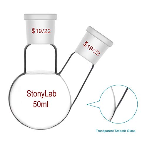 StonyLab Glass 50ml Heavy Wall 2 Neck Round Bottom Flask RBF, with 19/22 Center and Side Standard Taper Outer Joint - 50mL
