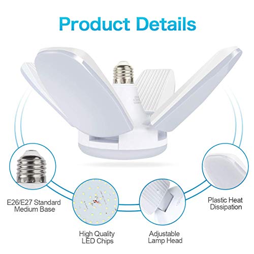 fesnne LED Garage Light, 60W Deformable LED Garage Ceiling Lights, LED Shop Light 6500K Daylight White with 4 Adjustable Panels, LED Shop Lights for Garage Warehouse, Workshop, Basement (1 Pack)