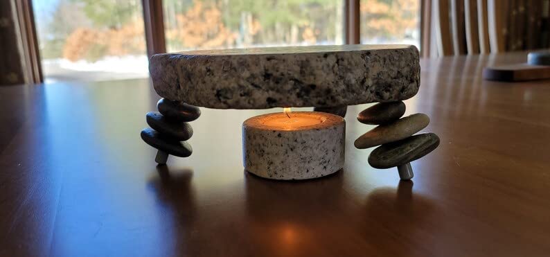 Sea Stones Granite Hot Plate with Tea Light Holder - Elegant Serving Platter Decor for Hot Food Appetizers Pie, Hot Fudge, Flambe, Bread Pudding for Home, Dining Room, Kitchen Weddings, Parties 7" D