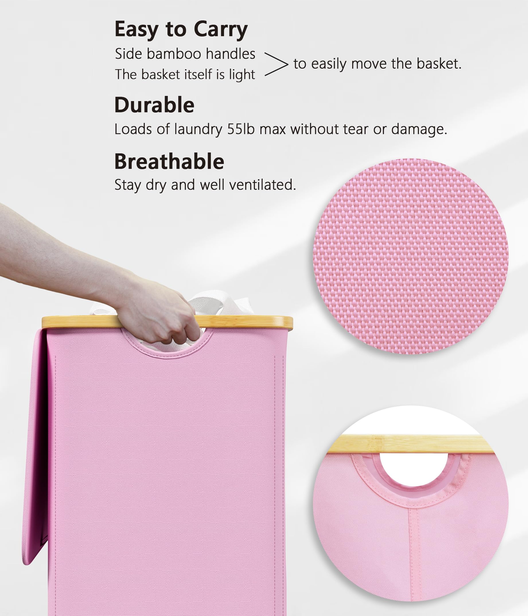 SUOCO Laundry Hamper with Wheels and Lid, 26 Gal (100L) Clothes Basket with Bamboo Handles, Large Foldable Laundry Hamper for Bedroom, Bathroom, Dorm, Laundry Room - Pink