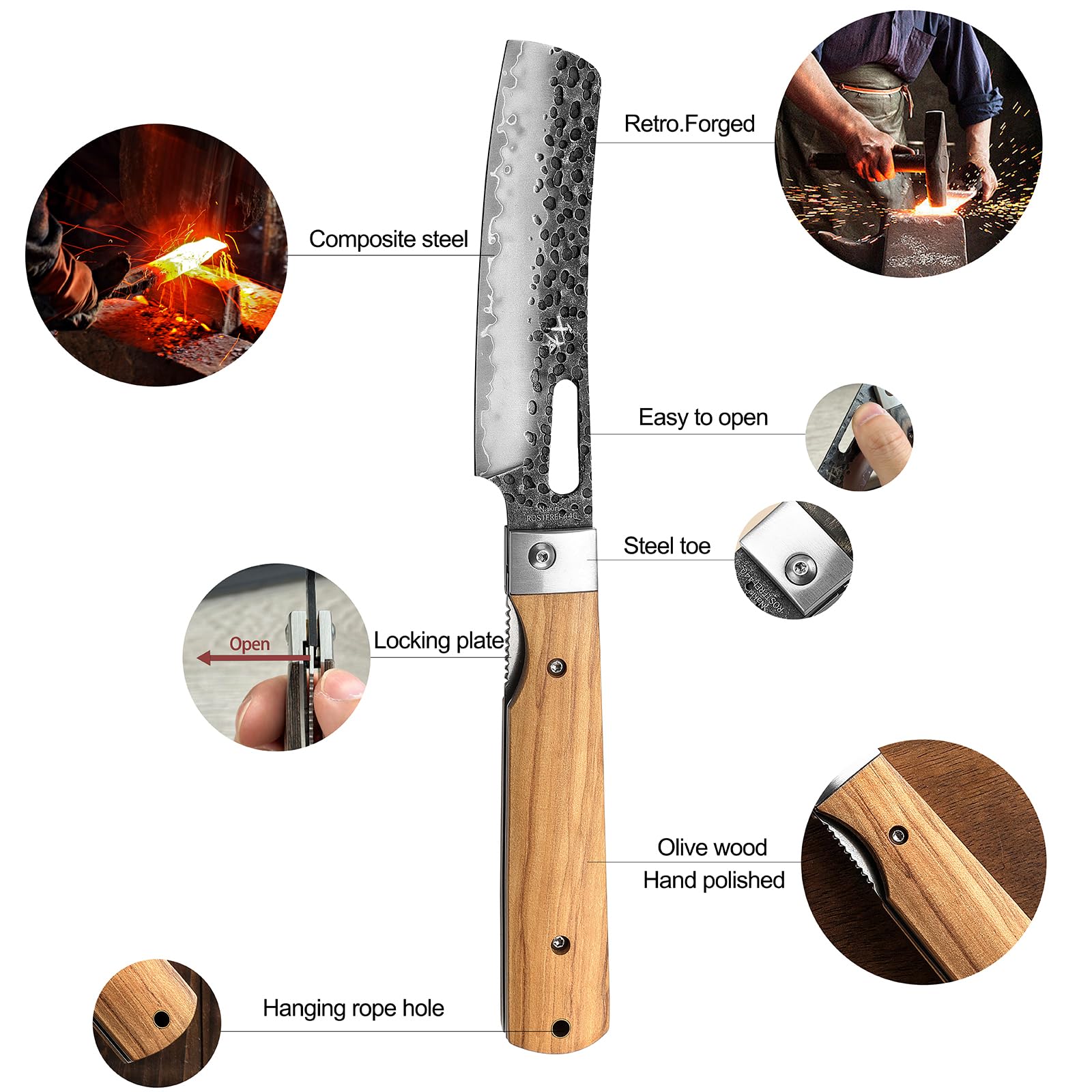 SENBON Forged 440 Stainless Steel Super Sharp Pocket Folding Chef Knife Peeling Practical Knife Fruit Knife Natural Olive Handle Camping Barbecue Outdoor Portable Kitchen Knife