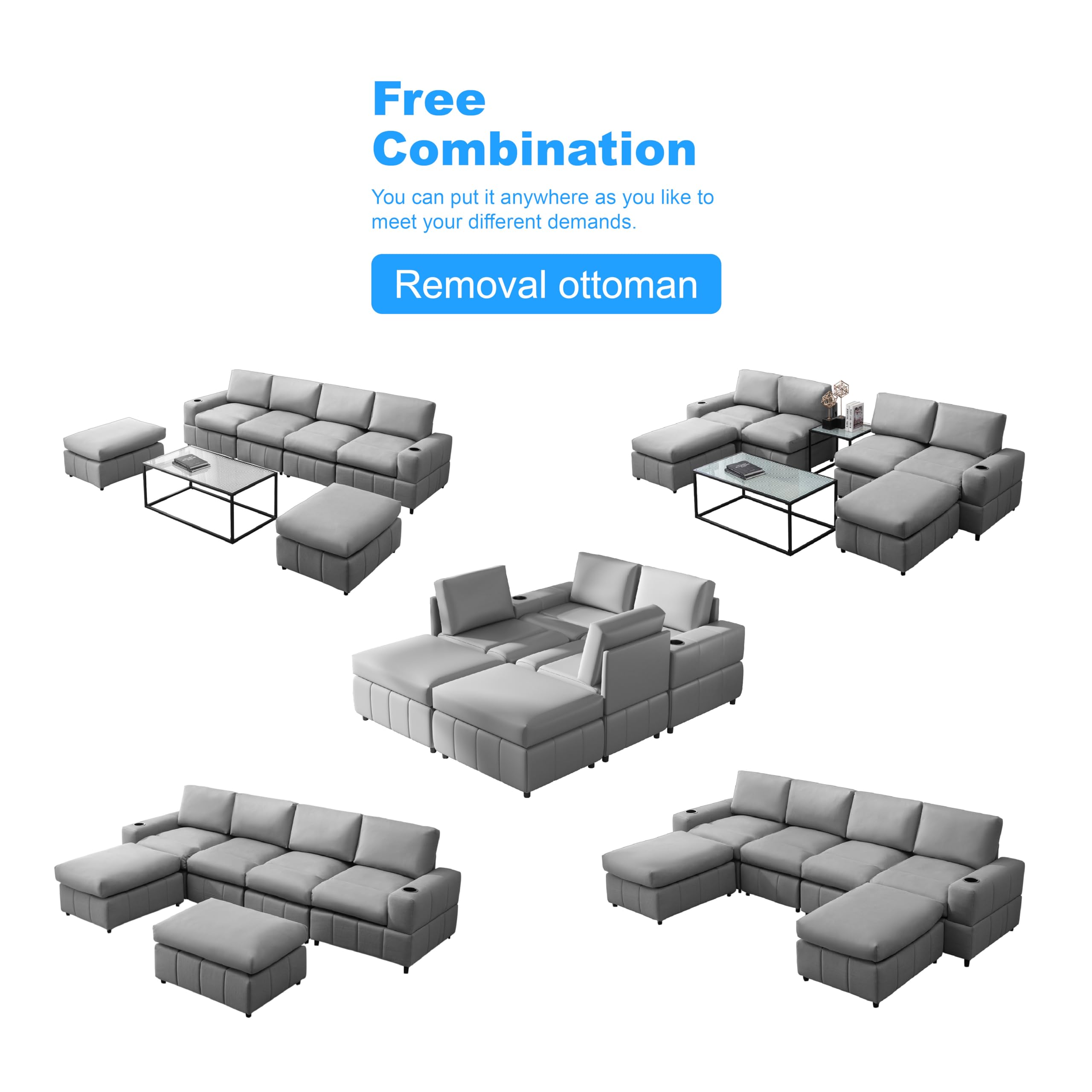 PUREMIND Modular Sectional Sofa, Convertible L Shaped Sectional Couches with Reversible Chaise for Living Room, Suede Leather 6-Seats U Shaped Sofa Sleeper with Cup Holder (Light Grey)