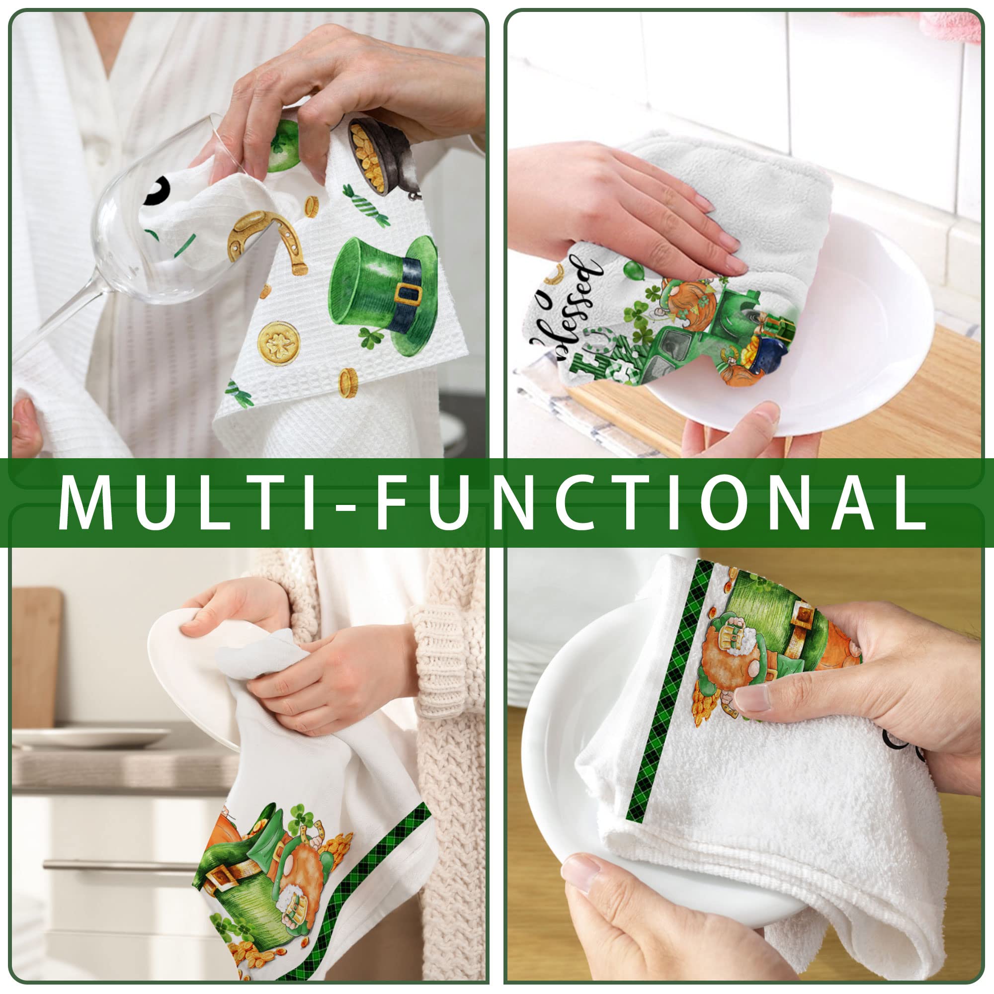 Hexagram St Patricks Day Kitchen Towels Set of 4, Happy St Patricks Day Dish Towels, Gnomes Green Hat St Patricks Day Decor, Hand Towels Housewarming Gifts for New Home