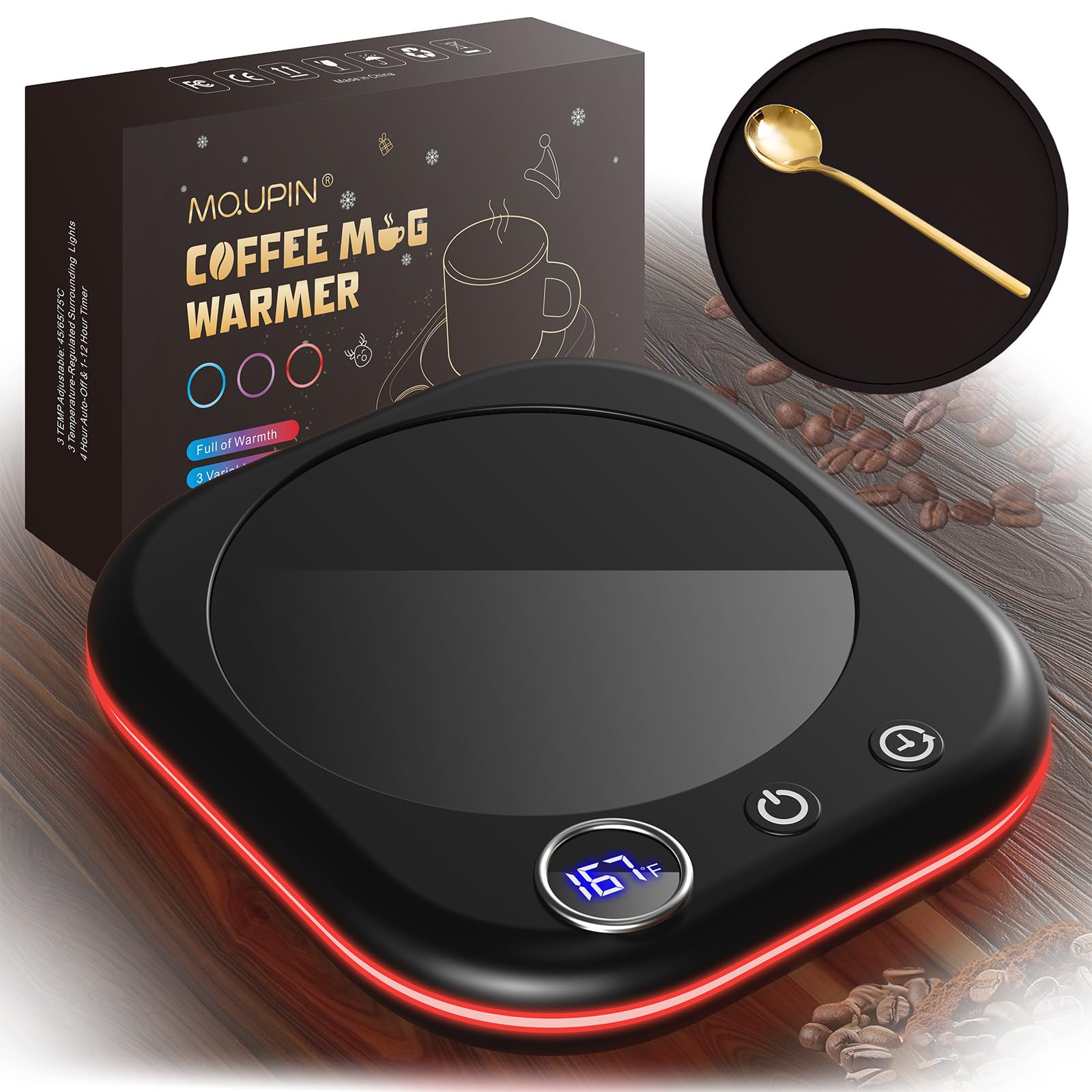 MQUPIN Coffee Warmer, Coffee Cup Warmer for Desk Auto Shut Off, Smart Candle Warmer with Temp Display & 1-12 Hours Timer- 1 Gold Coffee Spoon & 1 Black Insulating Mat Included (Black)