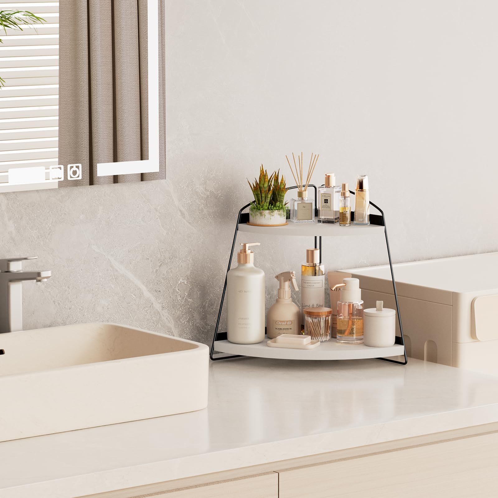 Puricon Corner Bathroom Counter Organizer, 2-Tier Wood Countertop Bathroom Sink Corner Shelf, Vanity Corner Counter Rack for Bathroom Dresser Kitchen -White