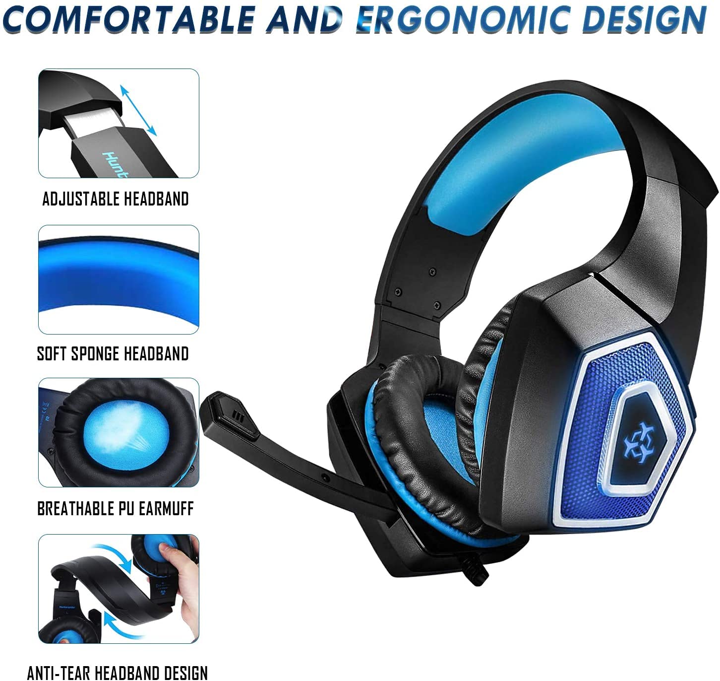 GALOPAR Stereo Gaming Headset for PC, PS4, Xbox One, 3D Surround Sound Headset with Noise Canceling Mic LED Light, Over-Ear Headphones Compatible with PS4, Xbox One, Switch, PC, Mac, Laptop