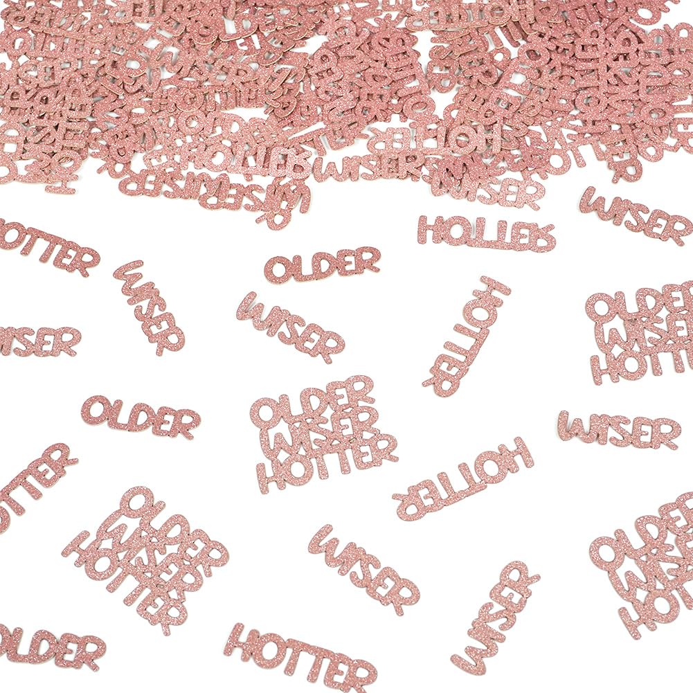Older Wiser Hotter Glitter Confetti for Rose Gold Birthday Party Table Scatter, Pink Table Decorations for Women Girls 25th 30th 40th 50th 60th 70th 80th Birthday Anniversary Paper Confetti (100 PCS)