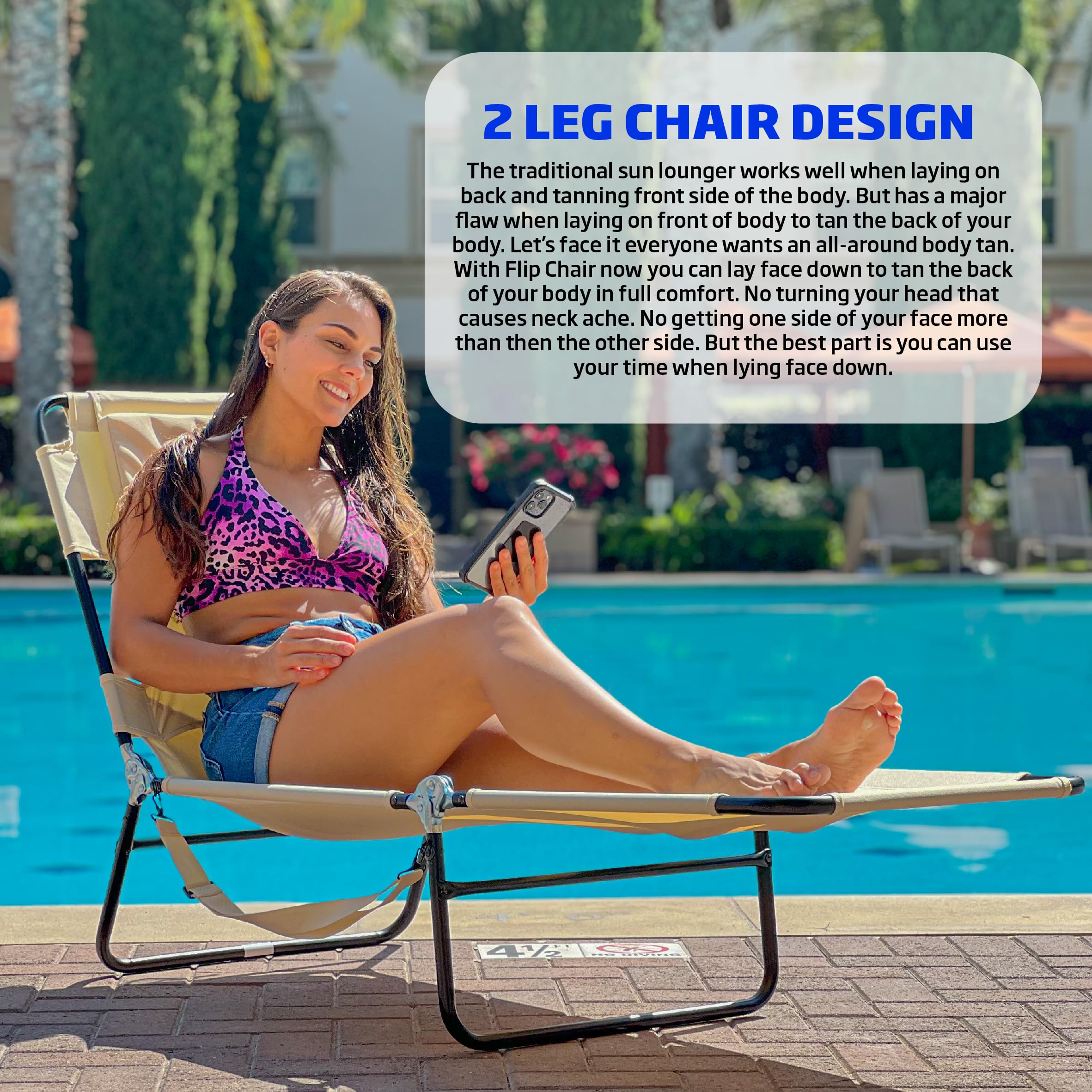 Face Down Tanning Chaise Lounge Chair - Face & Arm Holes - 2 Legs Support - Polyester Material – Backrest Positions - Head Rest Pillow - Beach or Home Use - Read and Tan - Tan Stripes Pattern