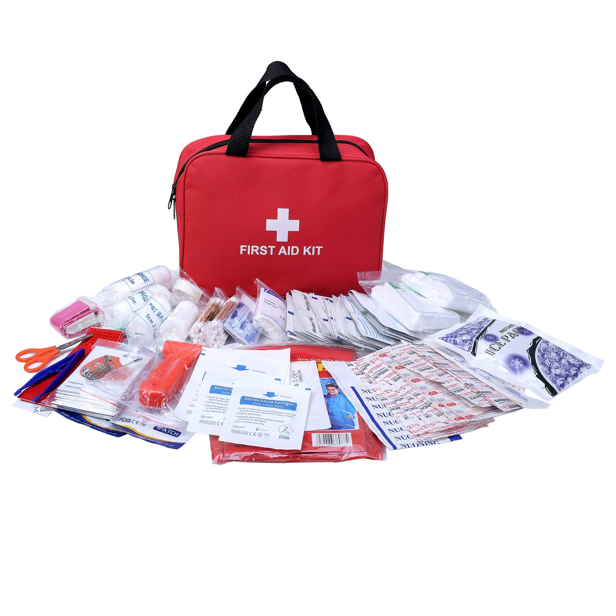 First Aid Kit - 230 Piece - for Car, Home, Travel, Camping, Office or Sports | Red Bag/Reflective Cross, Fully Stocked with Essential Supplies for Emergency and Survival