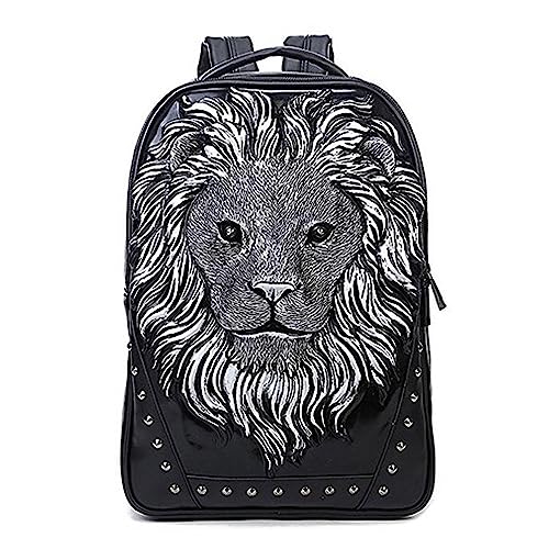 seamand Personalized 3D Lion PU Leather Casual Laptop Backpack for Men Durable Travel Daypack (Silver color)