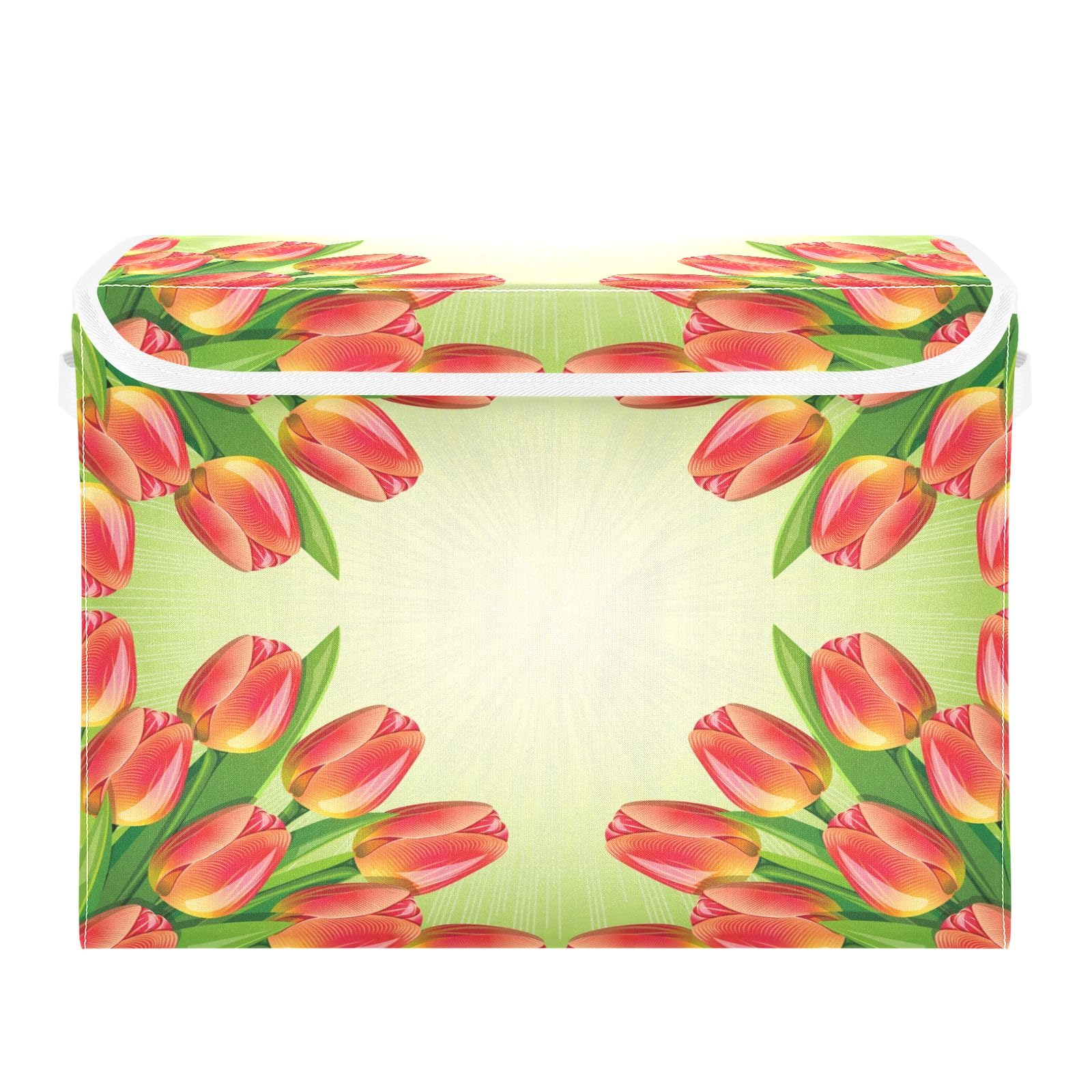 senya Large Collapsible Storage Bins with Lids, Spring Tulip Flowers Storage Baskets Organizer Containers with Handles for Nursery Clothes Toys