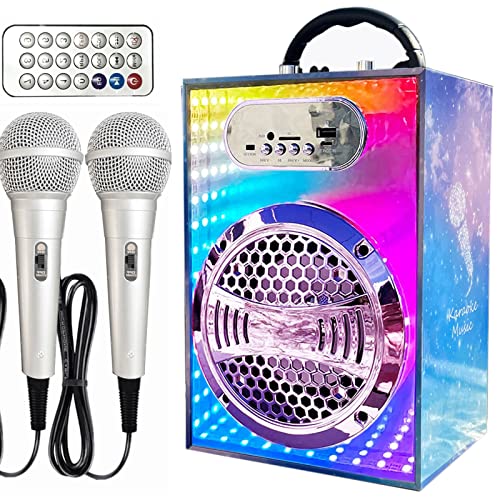 KaraMuizi Bluetooth Karaoke Machine for Kids and Adult, Mirror Surface Wooden Wireless Singing Speaker with 2 Microphones Dancing Light for Party Birthday Gift (Blue Sky)