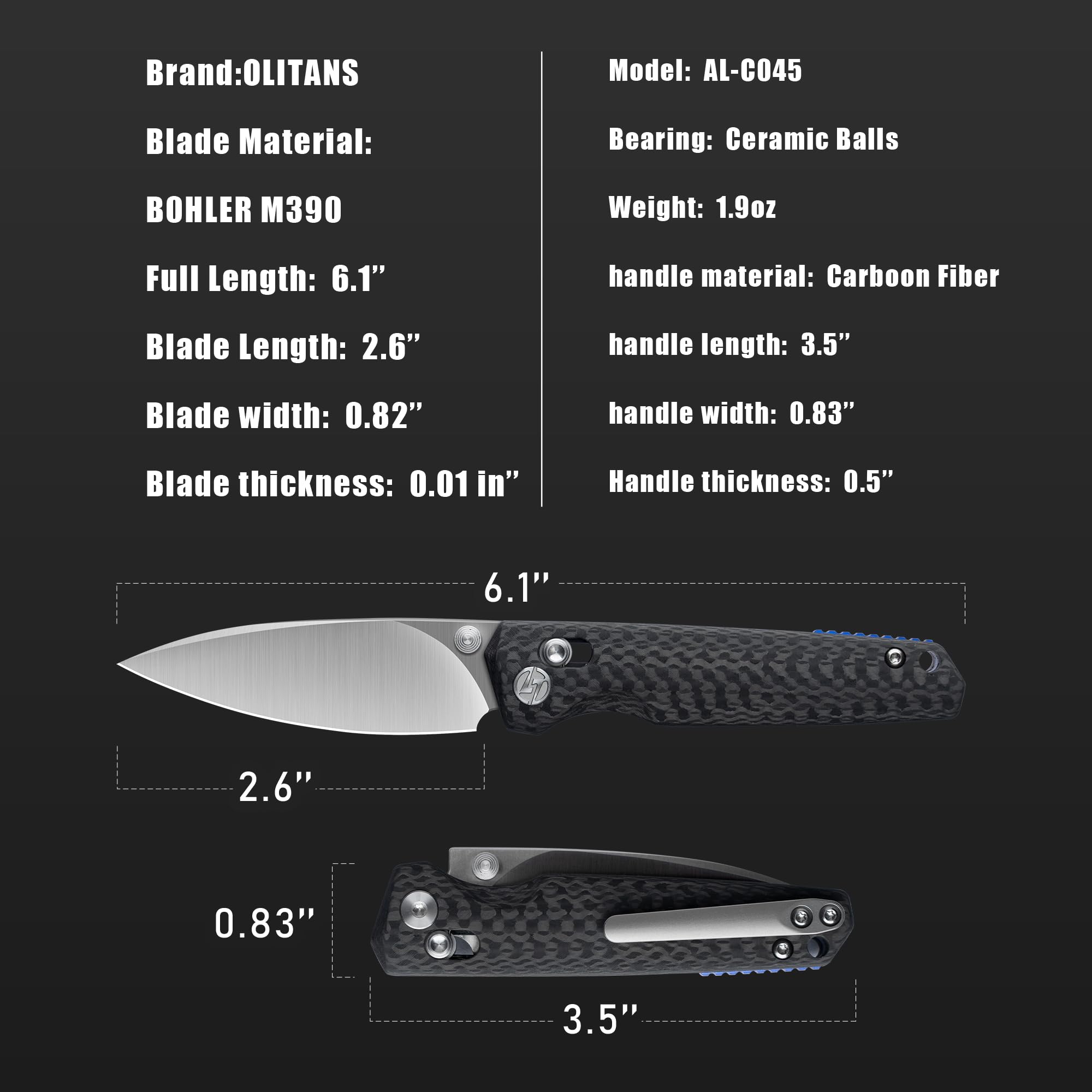OLITANS C045 Mini Folding Knife 2.6" M390 Blade White Carbon Fiber Handle, Sharp Crossbar Lock Small Folding Knife with Deep Carry Pocket Clip For EDC（Satin）