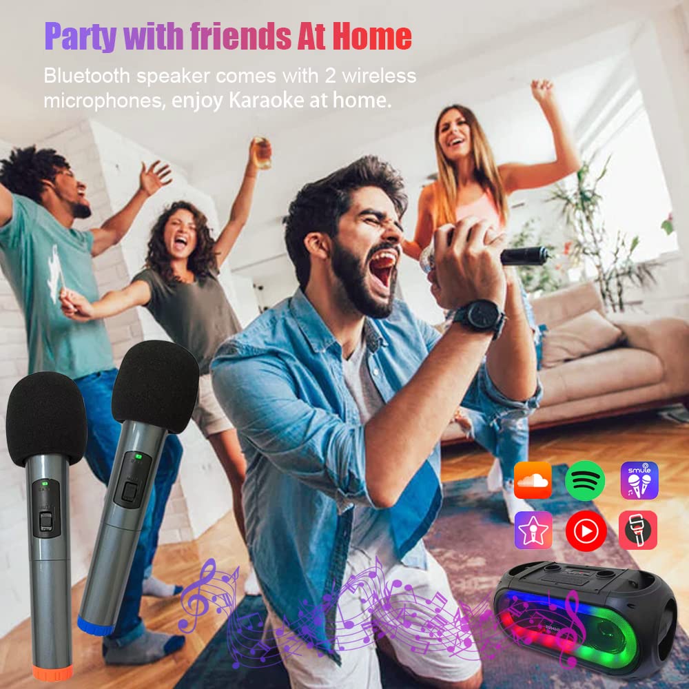 Karaoke Machine with 2 Wireless Microphones for Adults and Kids, Portable Bluetooth Speaker with Party Lights, FM Radio, Remote Control, Rechargeable PA System, Support USB, TF Card, AUX
