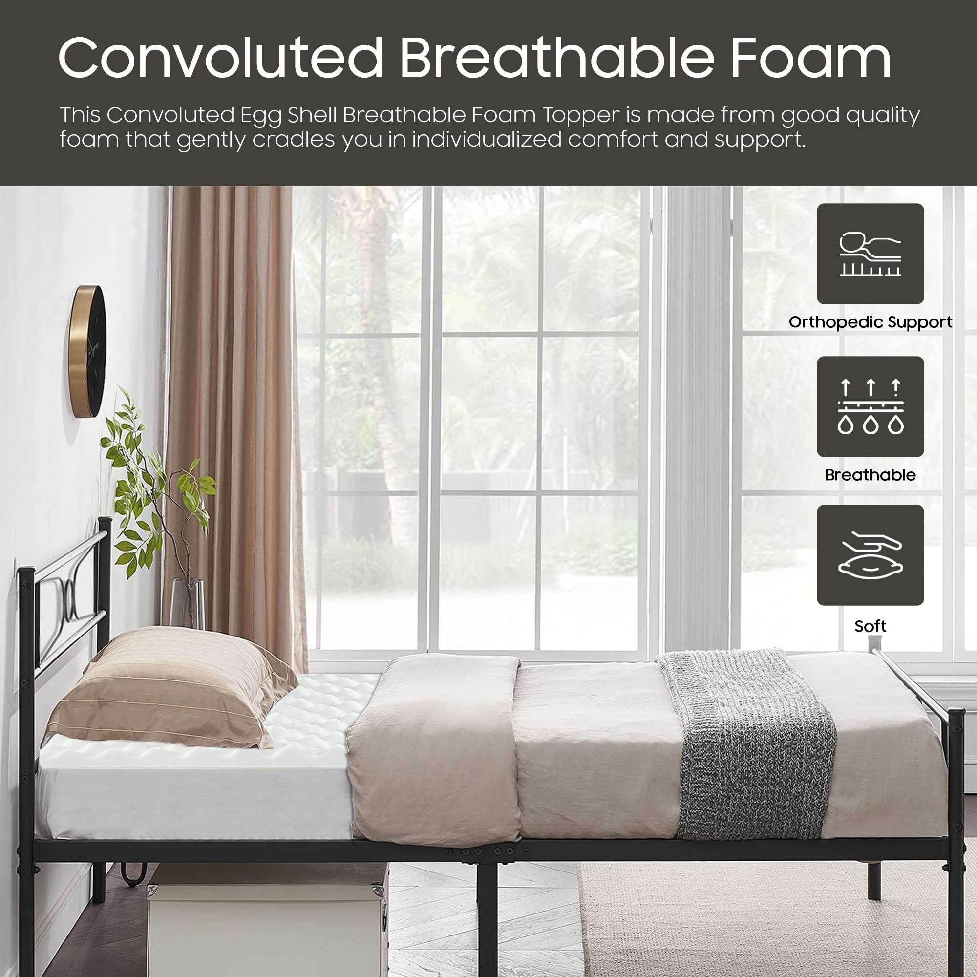 Treaton 1-inch Medium Firm Foam Toppers with Convoluted Egg Shell Design | Extends Mattress Topper Life, Provides Proper Back Support and Relieves Pain, Improves Better Posture, Twin, Off-White
