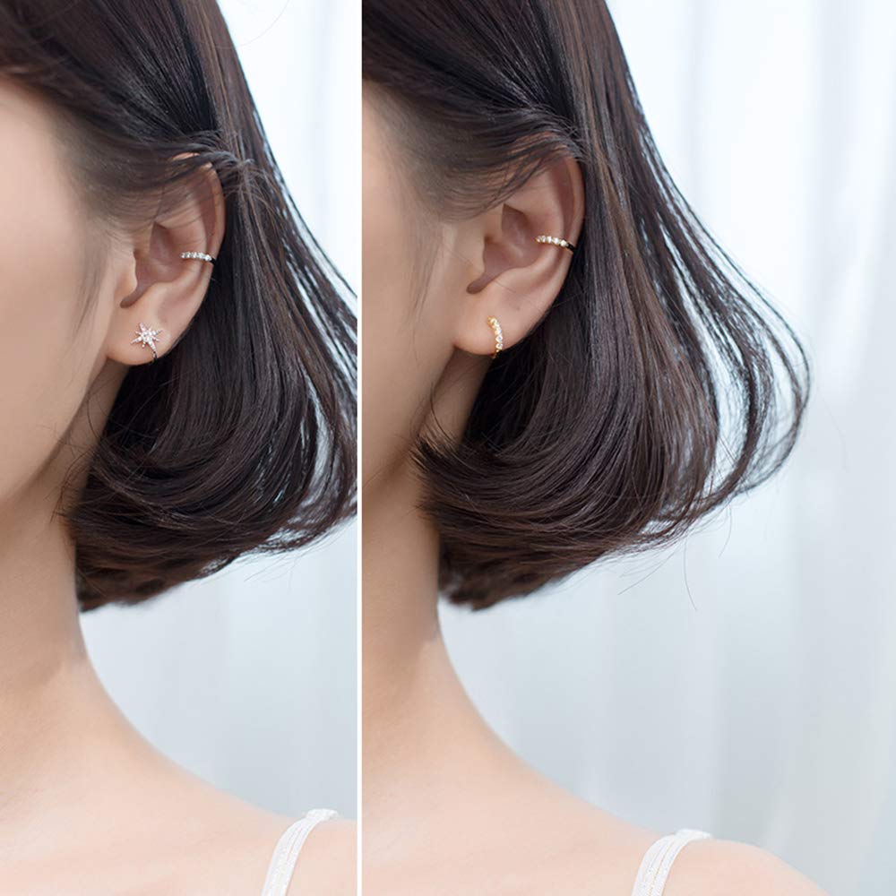 Ear Cuff Earrings Small Hoop Huggies Sterling Silver Cubic Zirconia Clip On No Piercing Cartilage Earring for Women (Silver)
