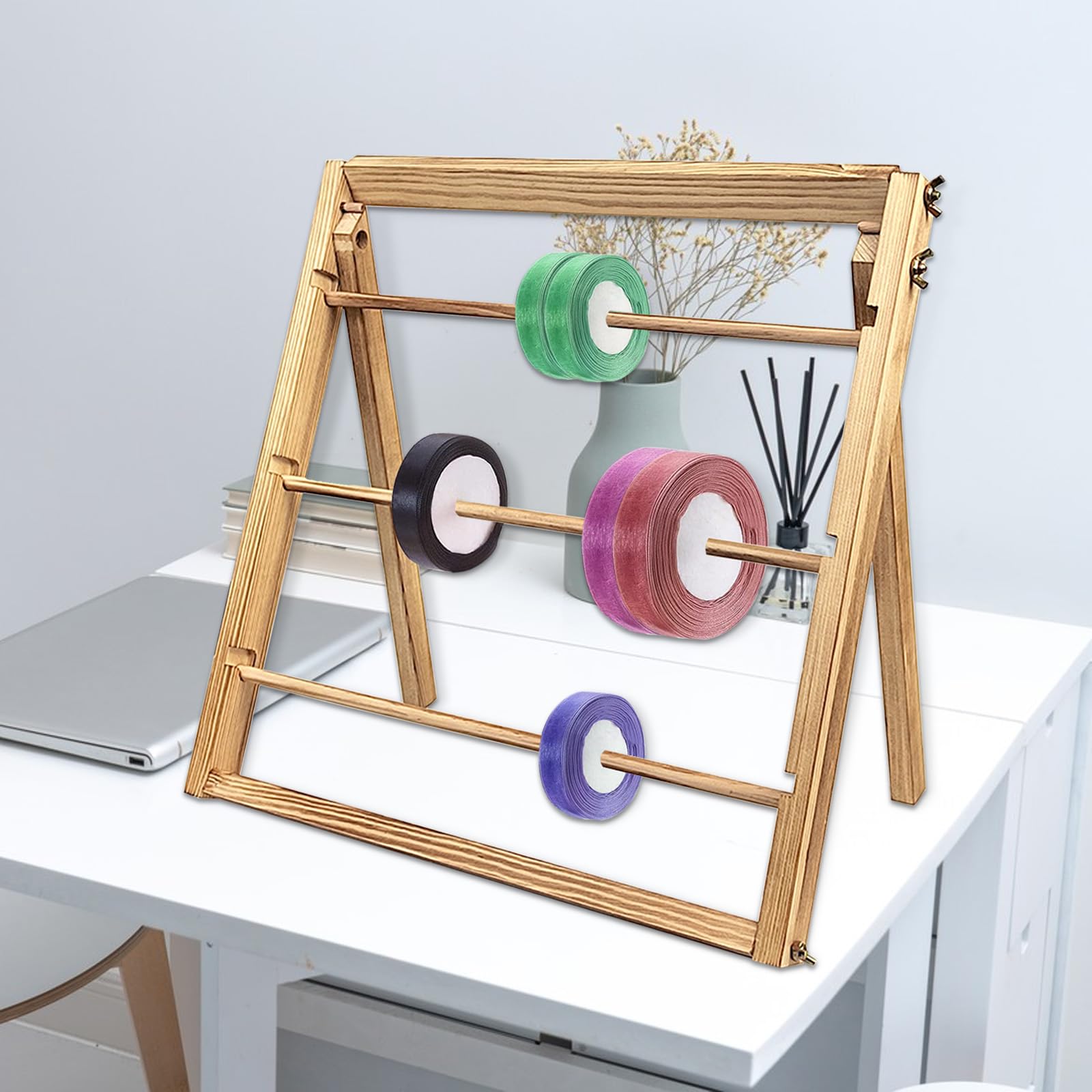 Ribbon Storage Rack Wooden Ribbon Organizer Ribbon Rack Fumigate Wood Spool Rack for Mesh Crochet Thread Tulle Roll Washi Tape Craft
