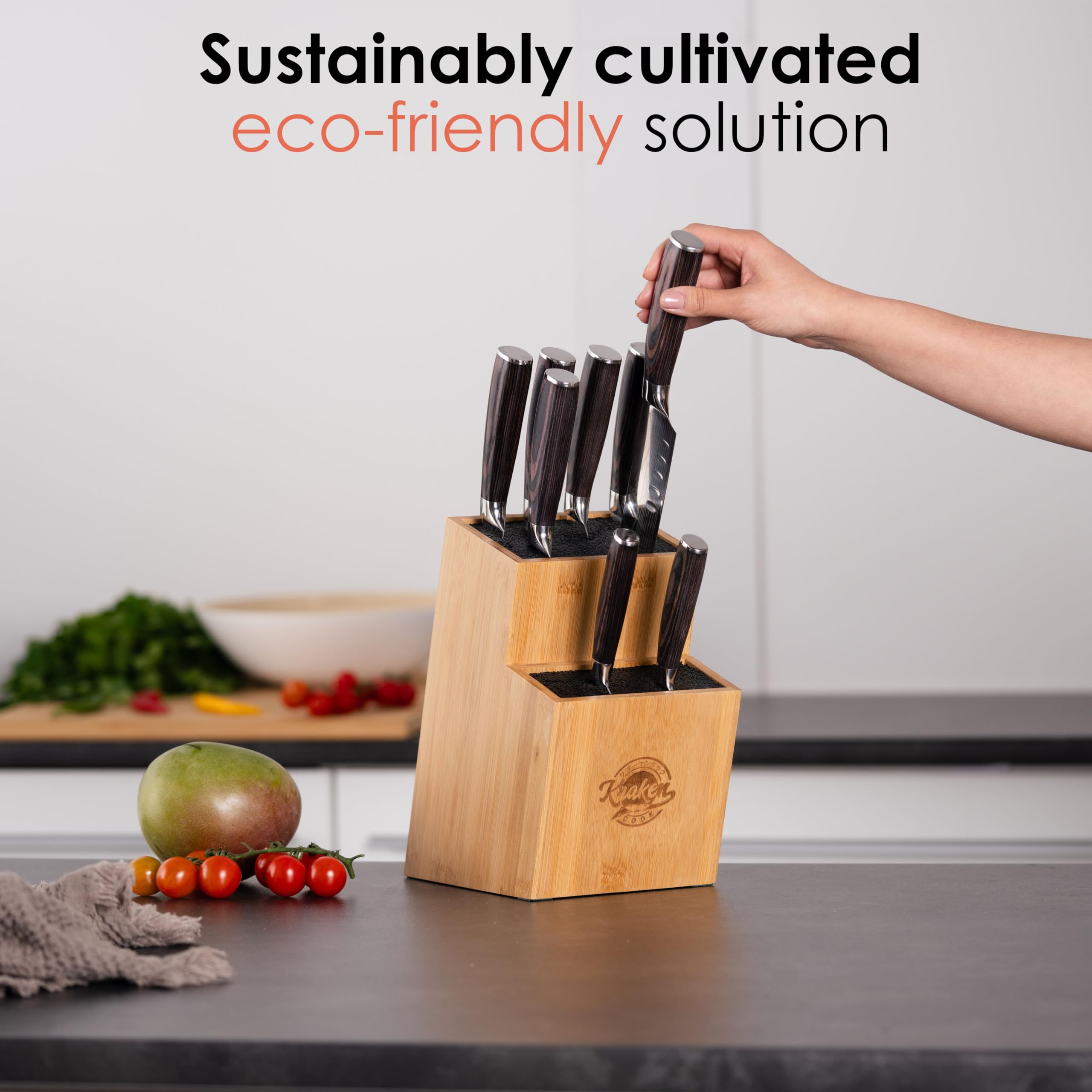 KrakenCook Bamboo Universal Knife Block - Extra large - Without Knives - Strong Resistant Rods - Anti Slip - Two Teired Slotless Knife Organiser