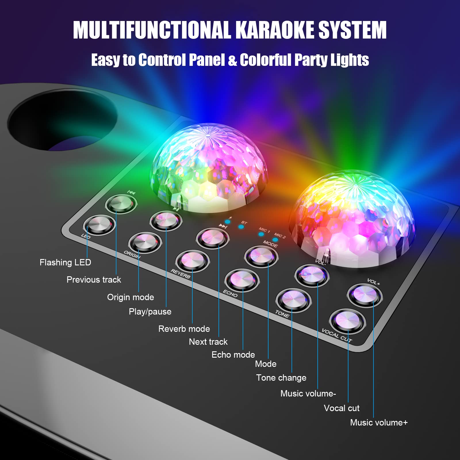 Karaoke Machine for Adults and Kids, with 2 Wireless Microphones, Portable Bluetooth PA Speaker System with LED Lights & Reverb/Treble Adjust, Echo & Vocal Cut, Best for Home Party, Wedding, Christmas