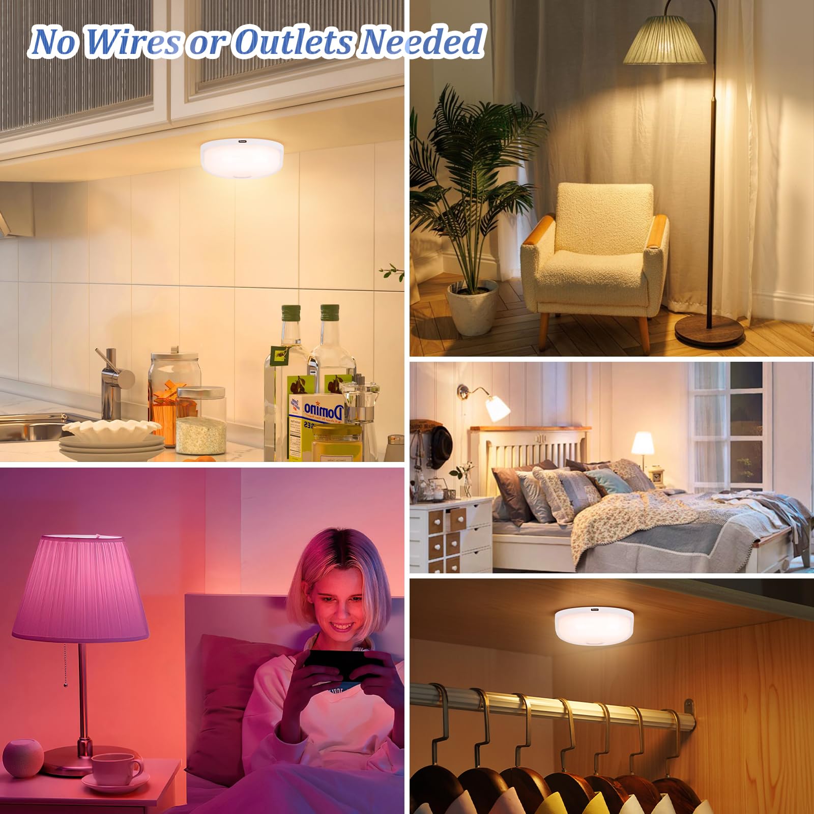 Rechargeable Battery Operated Light Bulb, Wireless LED Puck Lights with Remote, 15 Color Changing,Timer,Dimmer,E26 Detachable Charging,Closet Light No Wiring,Mood Light for Kitchen Cabinets,2-Pack