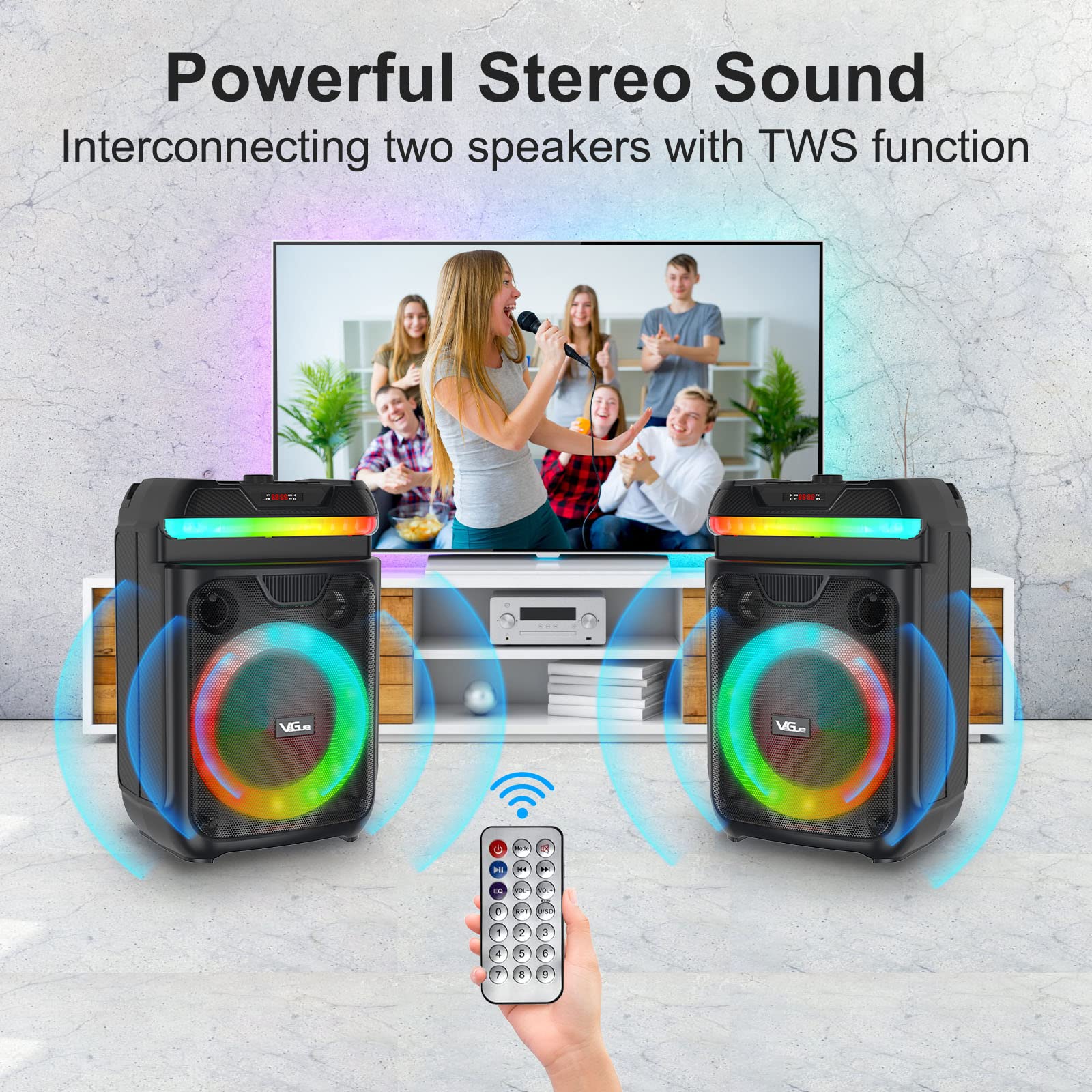 Karaoke Machine for Kids, VeGue Portable Bluetooth Speaker PA System with Wired Microphone, LED Party Lights, FM Radio, Remote Control, TWS, Rechargeable, Supports AUX/TF Card/USB (VS-0503)