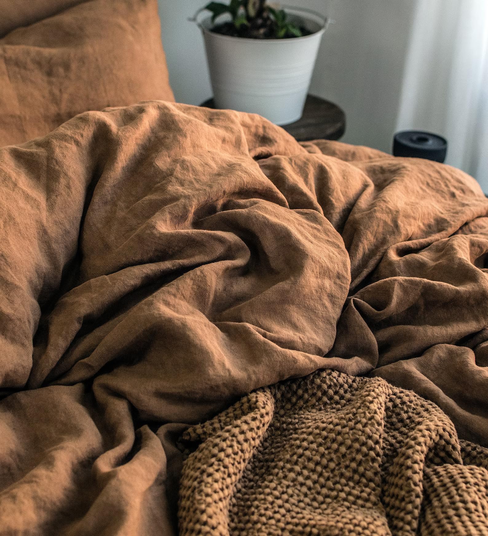 Linen Bedding Set in Tobacco, Duvet Cover and 2 Pillowcases Set, King, Queen, Twin, Full, Double, Single Size, Tobacco Brown Linen Bedding (King-90X104)