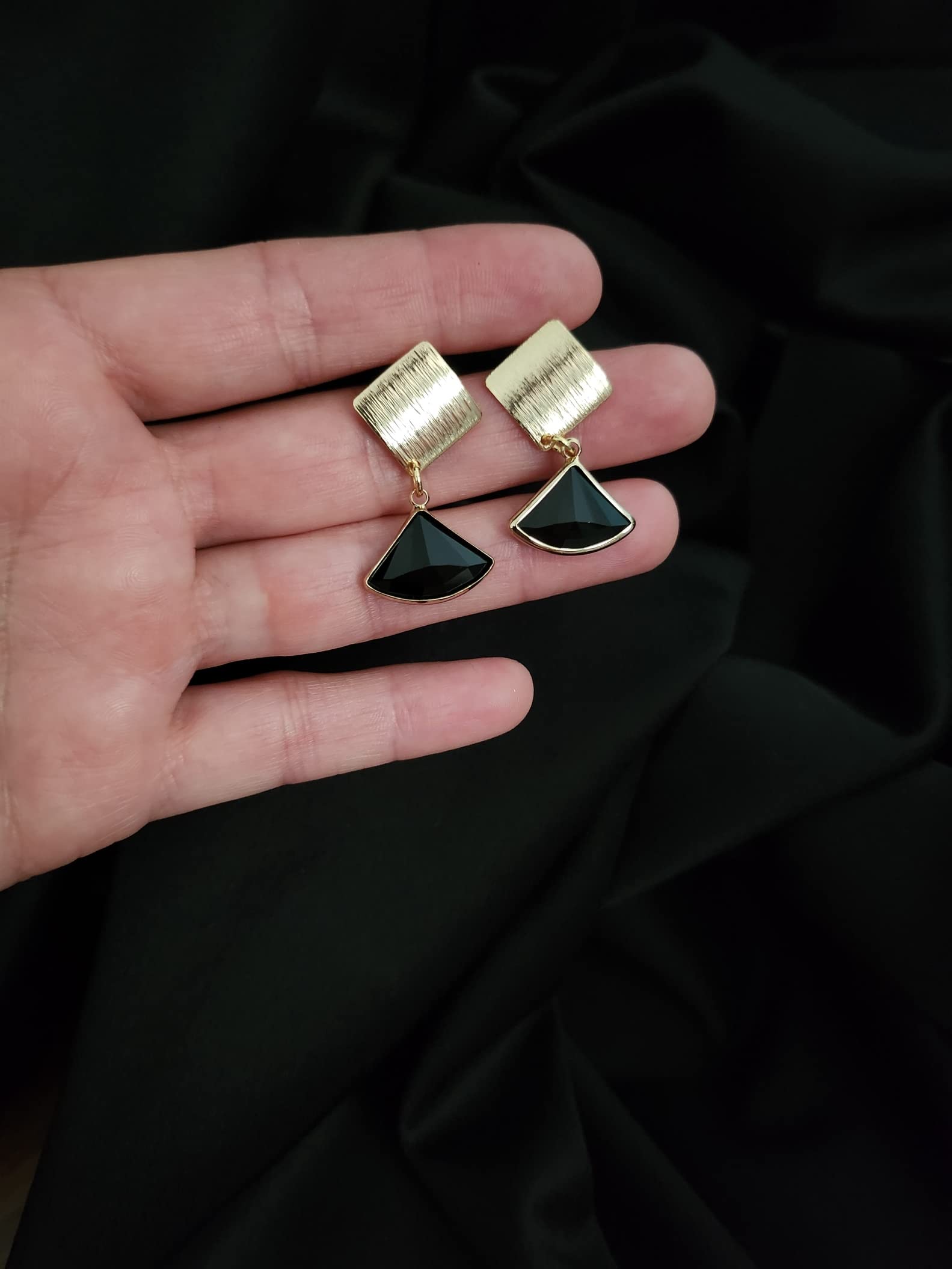 Earrings Yellow Gold 14K Platted Diamond Shape Stud with Drop Dangle Black Crystal Hypoallergenic Fashion Jewelry Gift Women