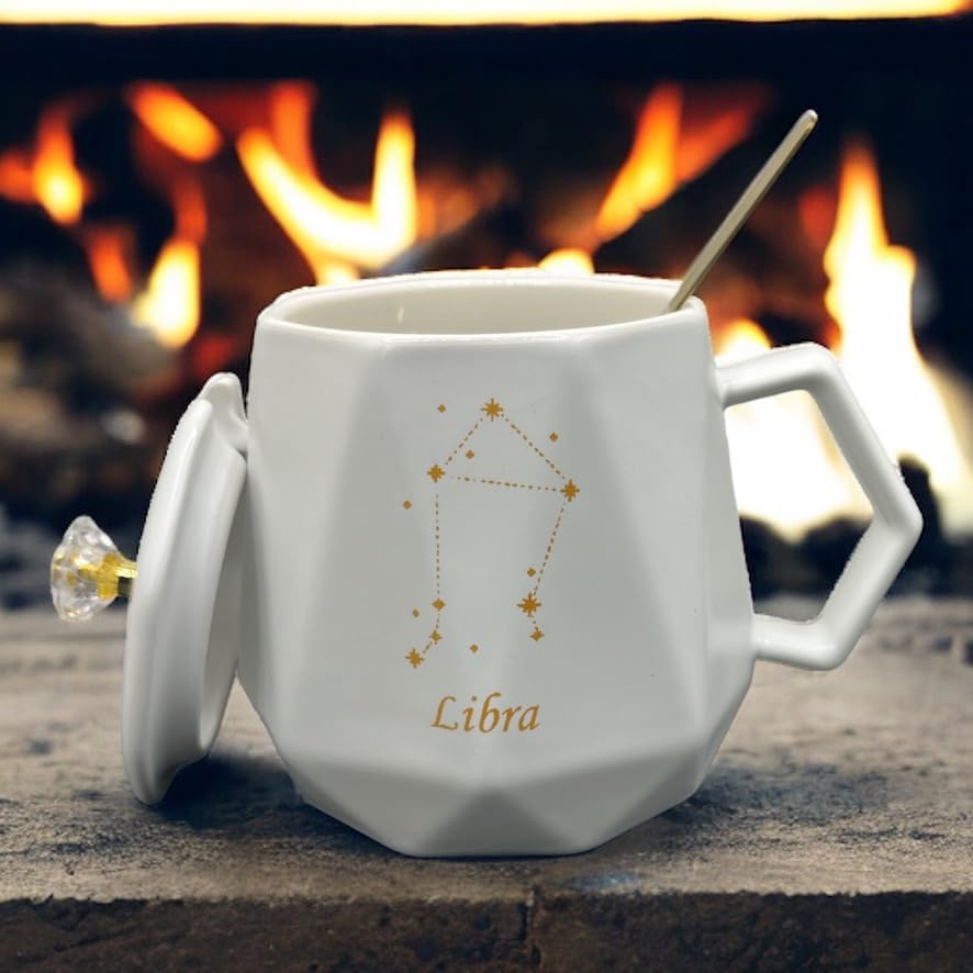 RedRoko Zodiac Sign Star Self Heating Coffee Mug - Astrology Coffee Mugs, Constellation, Astrology Zodiac Signs, Coffee Warmer Mug, Ceramic Coffee Mug with Hot Plate, Spoon & Lid - Libra - White