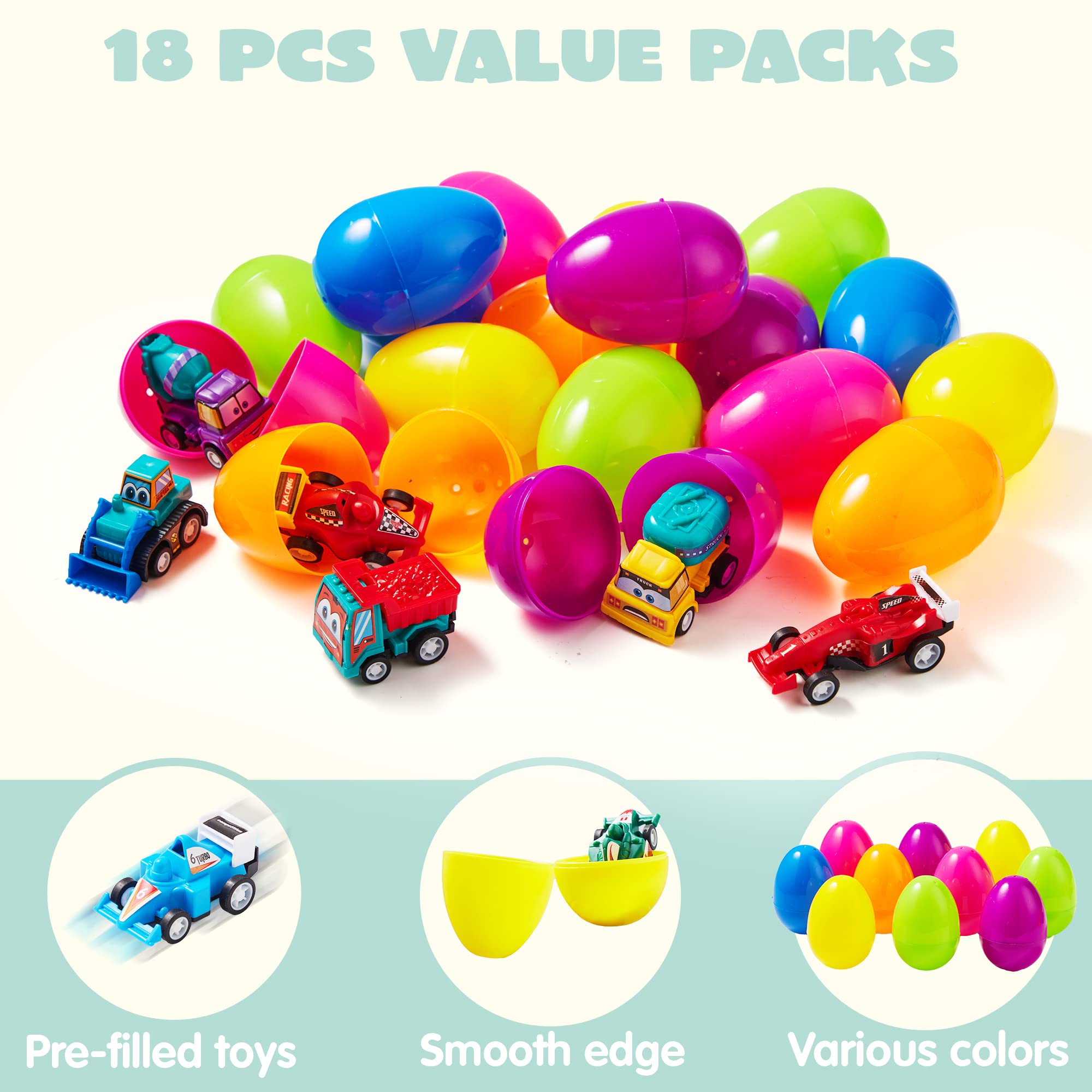 JOYIN 18 Pcs Pre-Filled Easter Eggs with Pull Back Cars for Boys, 3'' Easter Eggs with Construction Vehicles and Race Cars for Kids Easter Eggs Hunt, Easter Basket Stuffers, Easter Goodie Bag Fillers