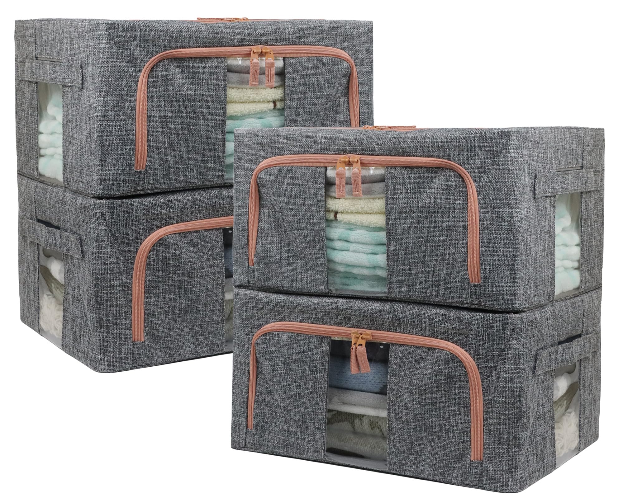 Linen Clothes Storage Bins, 4PCS Sturdy Closet Organizers and Storage Bin with Metal Frame, 2 Opening Ways Fabric Visible Lidded Storage Box for Organizing Clothing,Jeans,Sheets (4PC Gray, 22Liters)