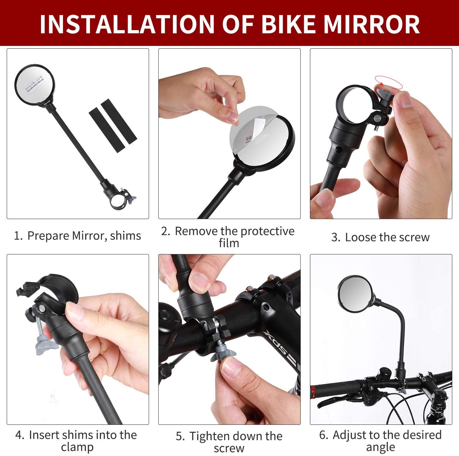 Feluz Bike Mirror, Handlebar Mount Rear View Mirror 360°Adjustable Rotatable, Wide Angle Acrylic Convex Mirrors Glasses for Mountain Road Bike, Cycling Accessories