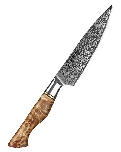 HEZHEN 5 inch Utility Knife with Razor Sharp- Damascus Steel with Rose Pattern Multifunctional VG10 Professional Paring-Fruit knife- Master Series Ergonomic Figured Sycamore Wood Handle