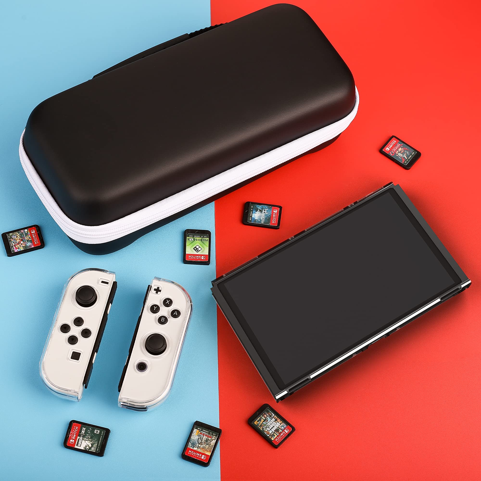 GLDRAM Carrying Case for Nintendo Switch OLED Model 2021 with Clear Protective Case, 2 Screen Protector and 6 Thumb Grips - 24 Game Card Slots & Leather Surface & Large Storage & Waterproof