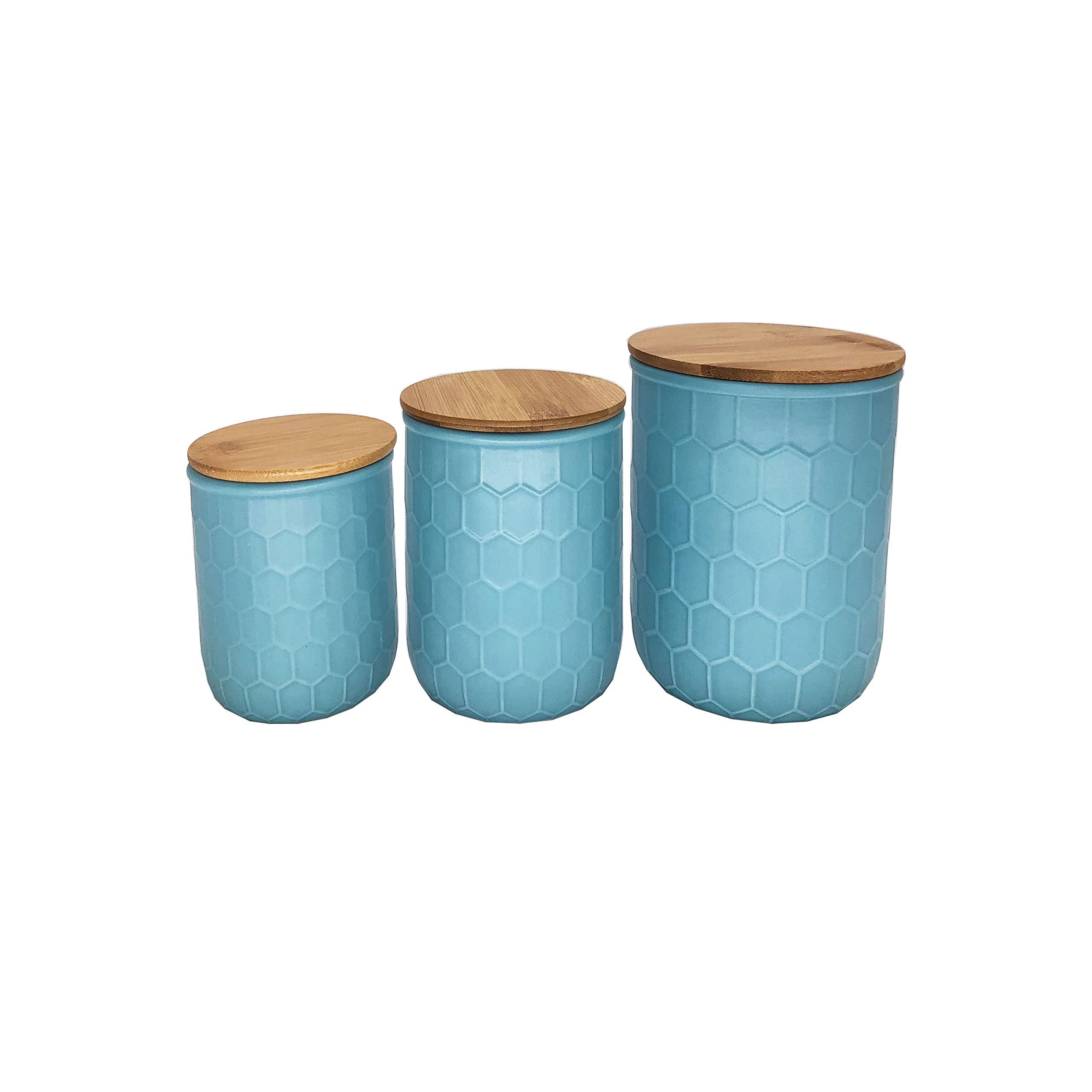 First of a Kind Kitchen Canisters - Blue Stoneware Canisters with Bamboo Lids, Set of 3 Storage Canister Container Set - Honeycomb Design, Ceramic Food Canister Jars for Tea, Sugar & Flour Storage