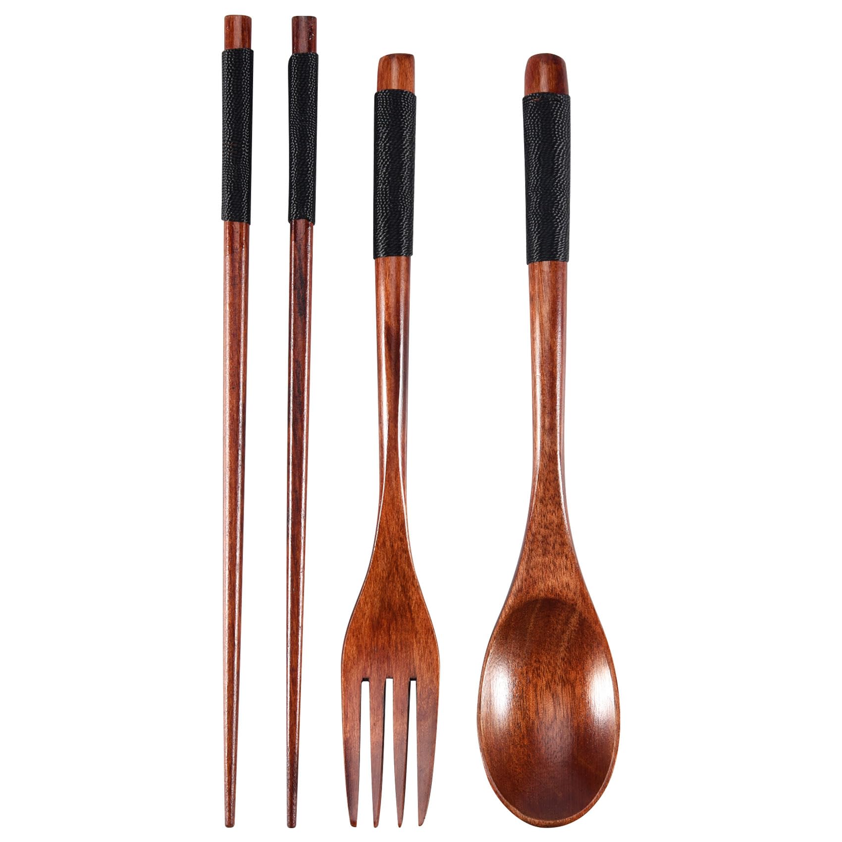 Lizusidtsy Wooden Flatware Set, Wooden Portable Set Chopsticks Spoon Fork Tableware Dinnerware with Black Twining Thread