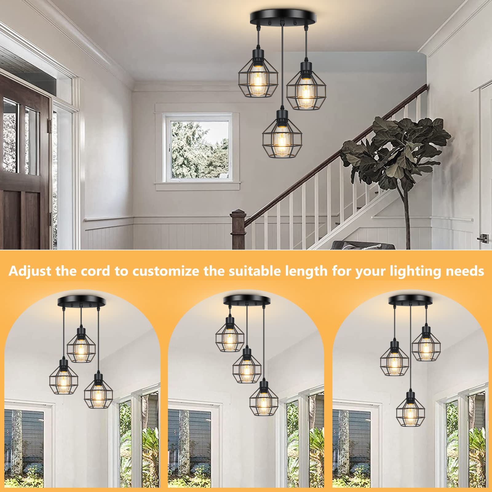 FadimiKoo Farmhouse 3-Light Pendant Light Fixtures, Adjustable Industrial Hanging Pendant Lighting for Kitchen Island, Vintage Black Metal Cage Pendant Ceiling Lamp for Dining Room Bedroom