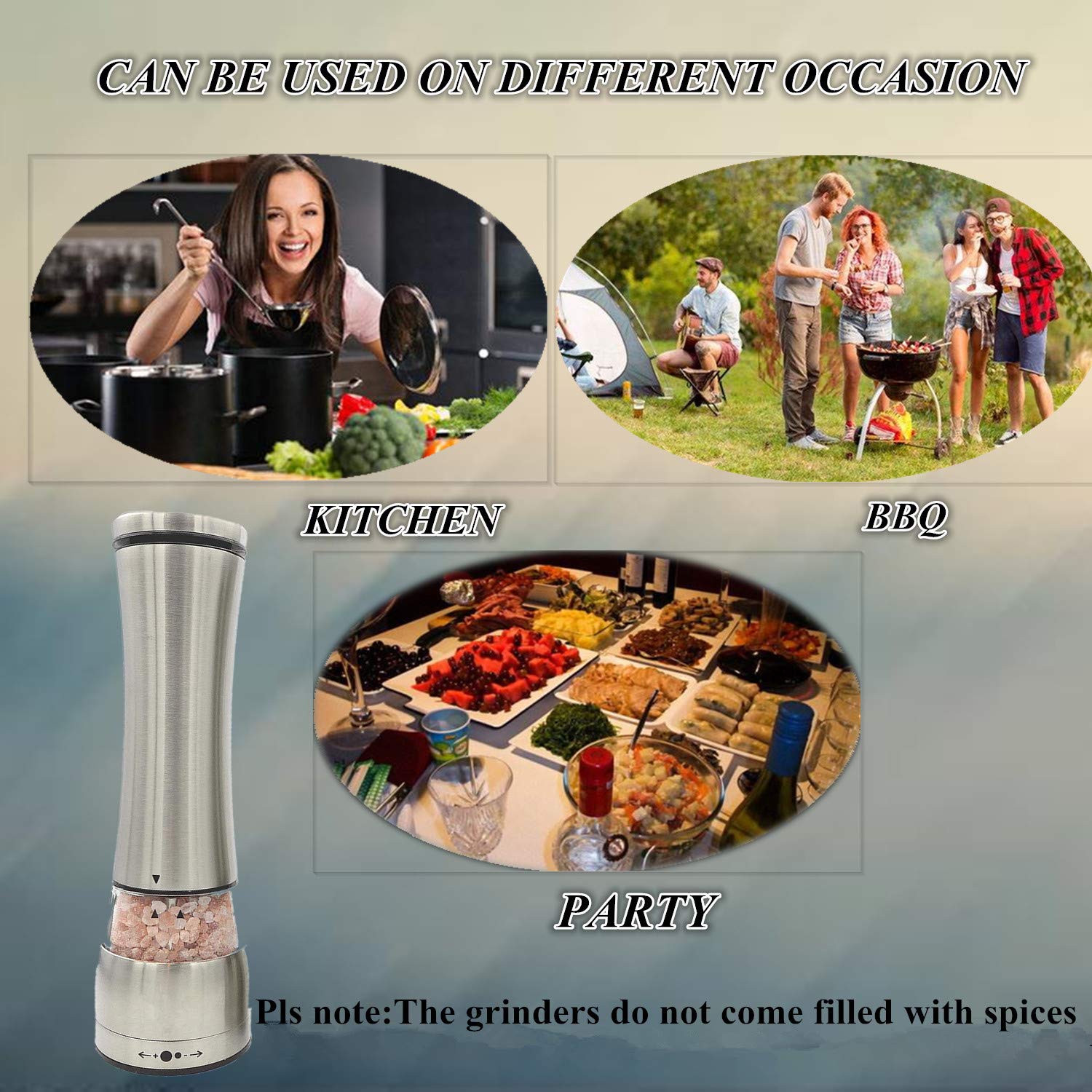HQGSJ Electric Salt and Pepper Grinder,Battery Operated with LED Light,Stainless Steel Automatic Mill,Adjustable Ceramic Coarseness Salt grinder and pepper Mill (ONE PACK)