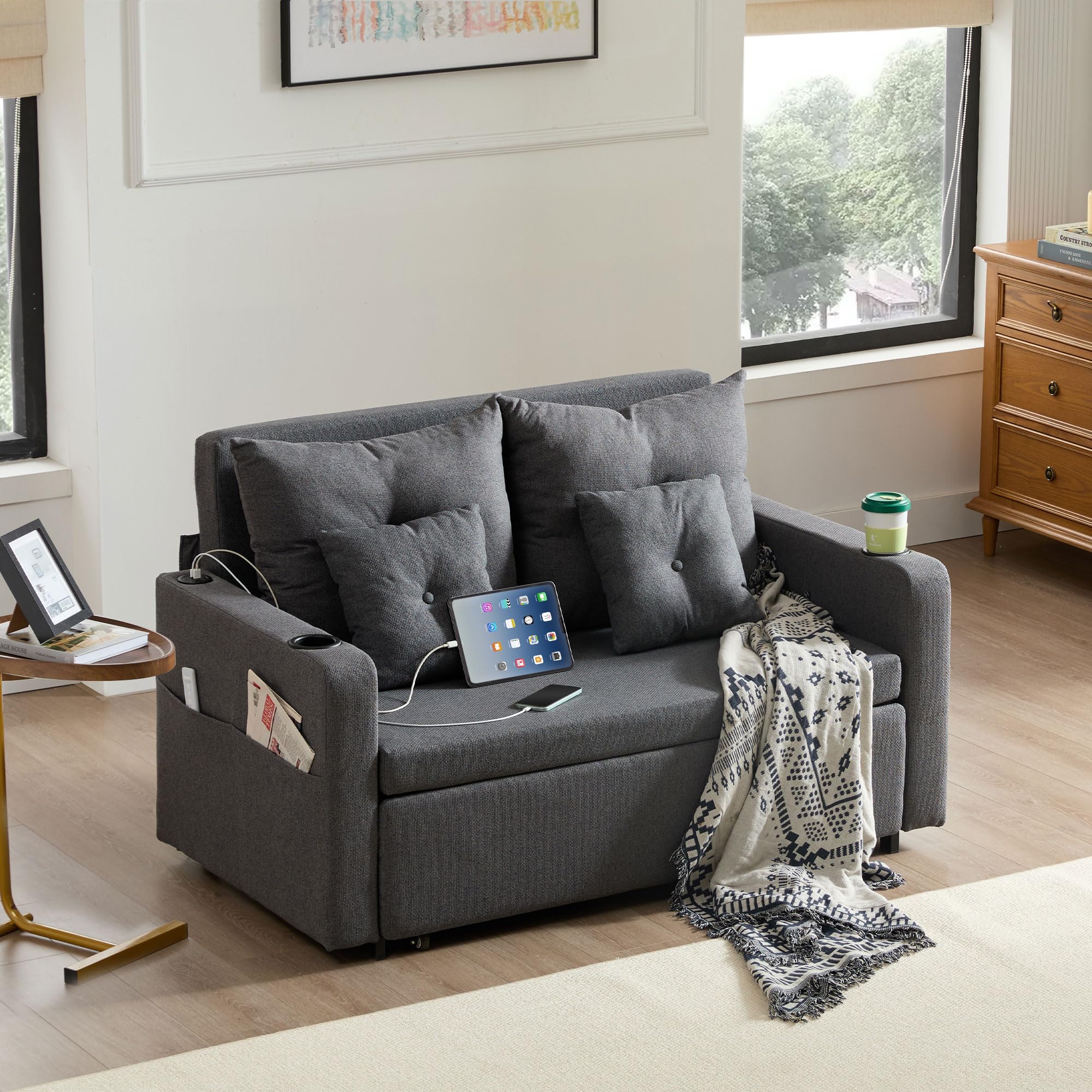 Krcix 3 in 1 Sleeper Sofa Bed, 56 Inch Convertible Loveseat Sofa, Pull Out Couch Bed with Storage Pockets, Cup Holders, USB β Sofa Cama for Living Room, Bedroom, Apartment, Dark Grey