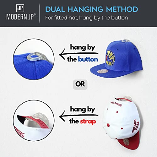 Modern JP Adhesive Hat Hooks for Wall (32-Pack) - Hat Rack for Baseball Caps, Minimalist Hat Display, Strong Hold Hat Hangers for Wall - U.S. Patent Pending, Clear
